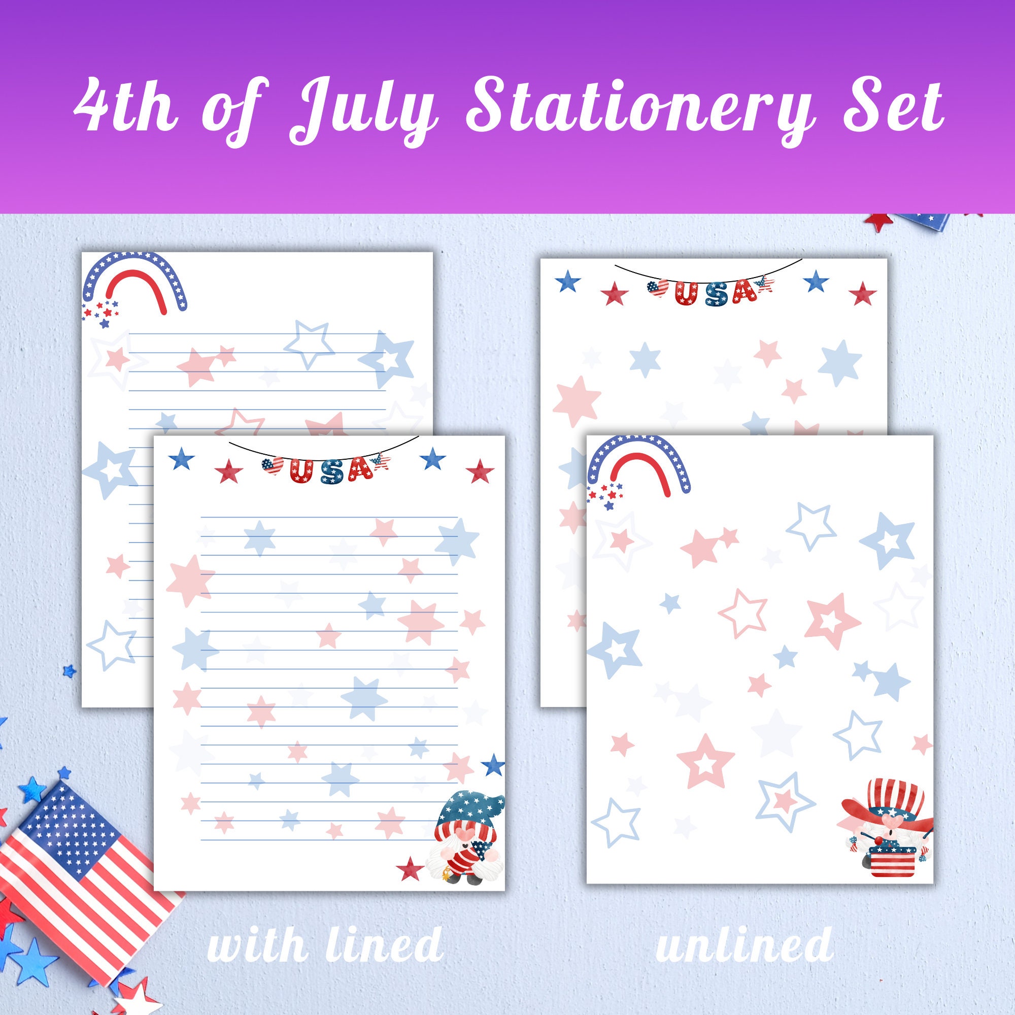 4th of July Stationery Set Printable Independence Day Paper Fourth of ...