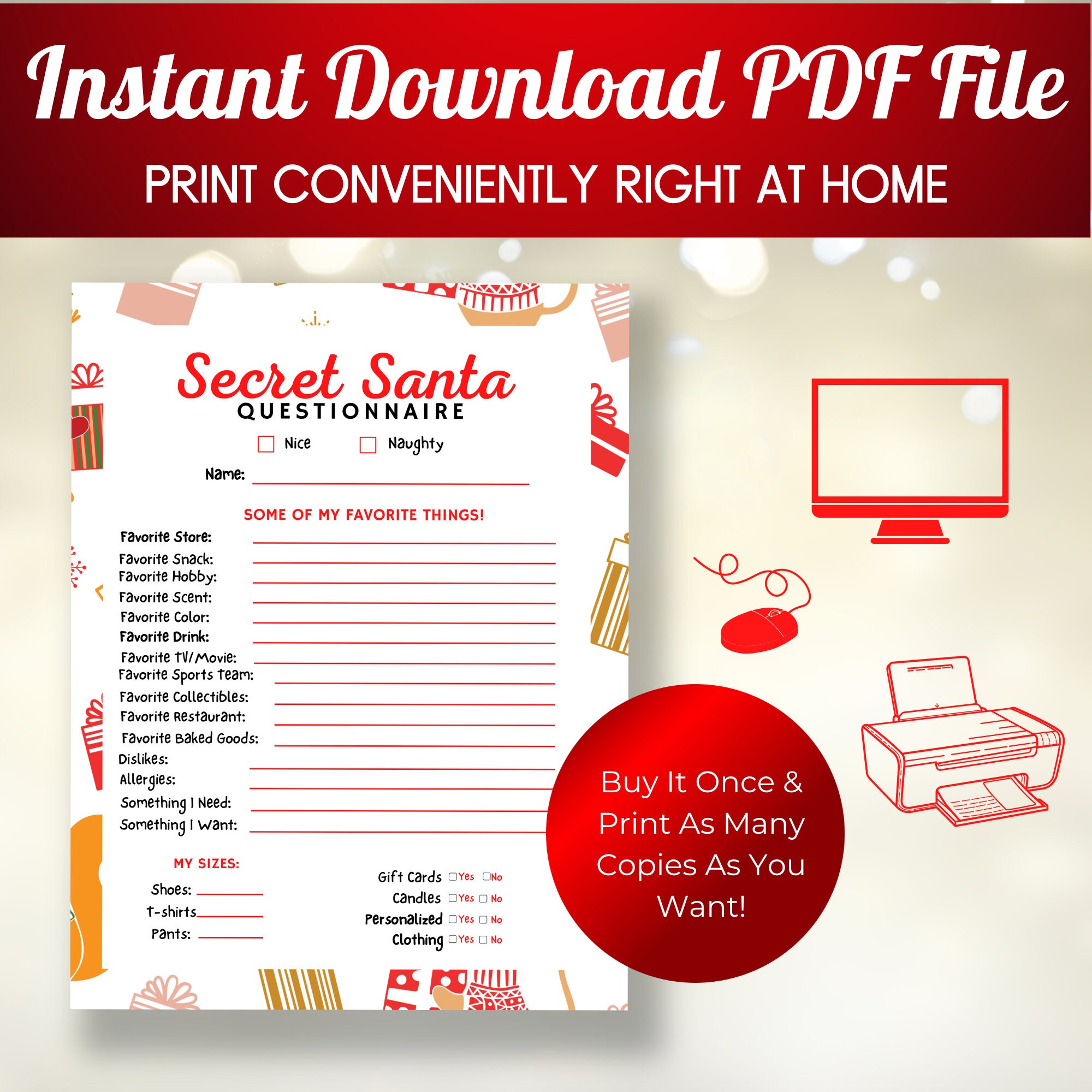 Secret Santa Questionnaire Secret Santa Sign up Sheet Christmas Wish ...