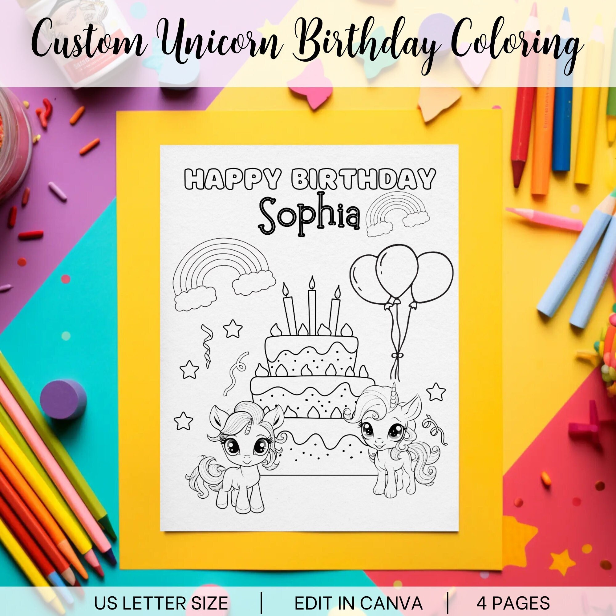 Editable Unicorn Birthday Coloring Pages Unicorn Personalized Birthday ...