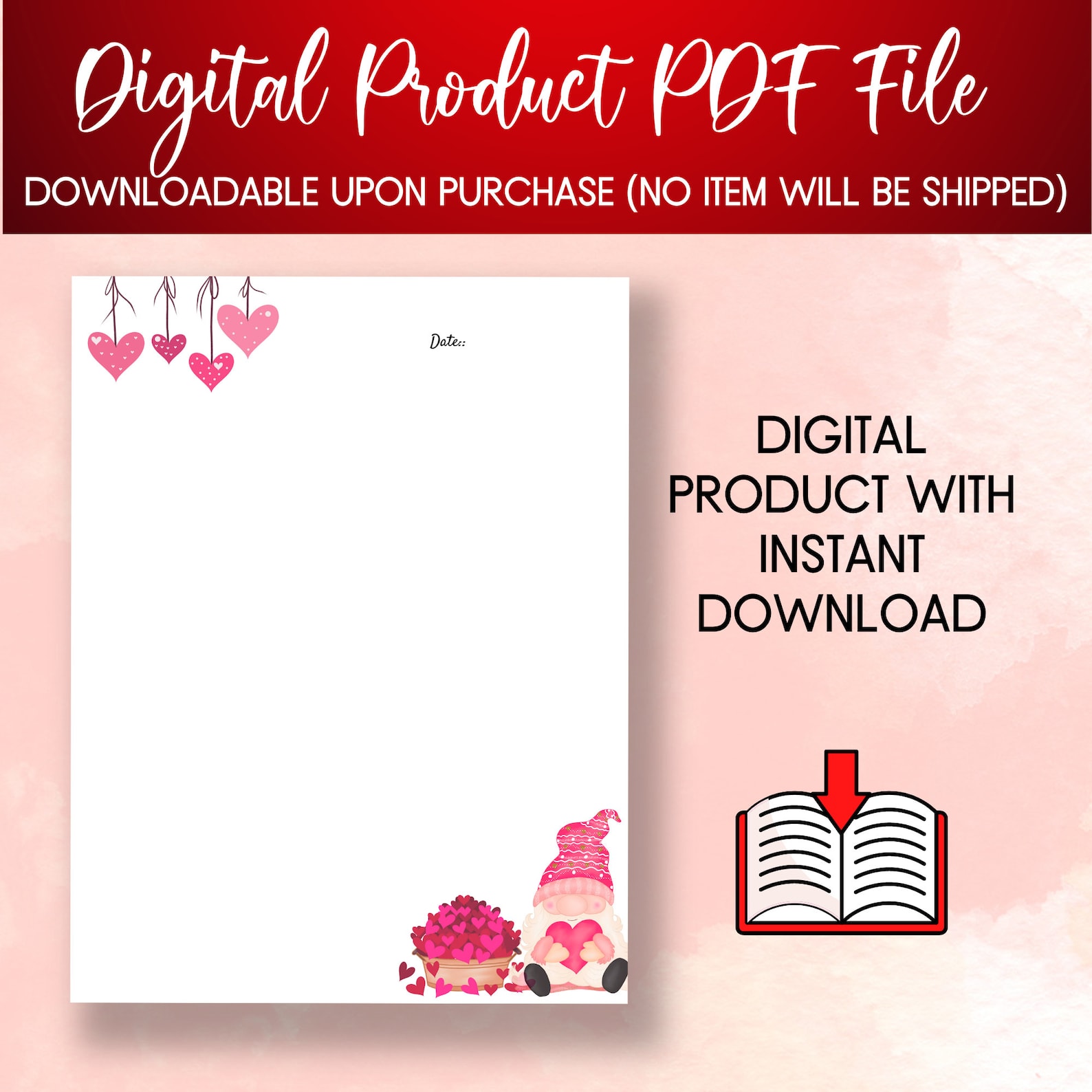 Printable Valentines Day Stationery Set Pink Stationery Gnome ...