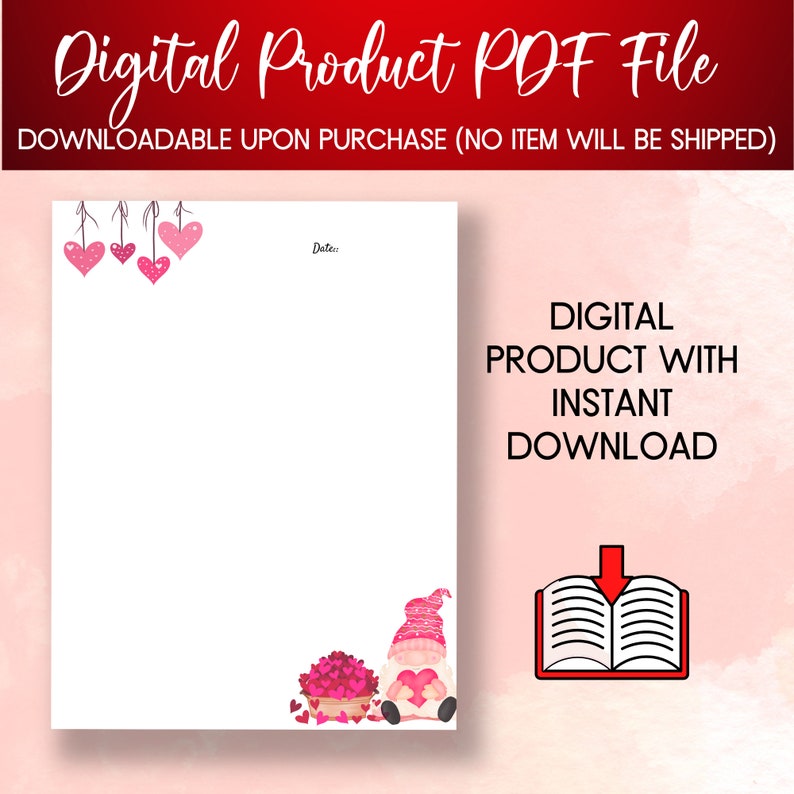 Printable Valentines Day Stationery Set Pink Stationery Gnome ...