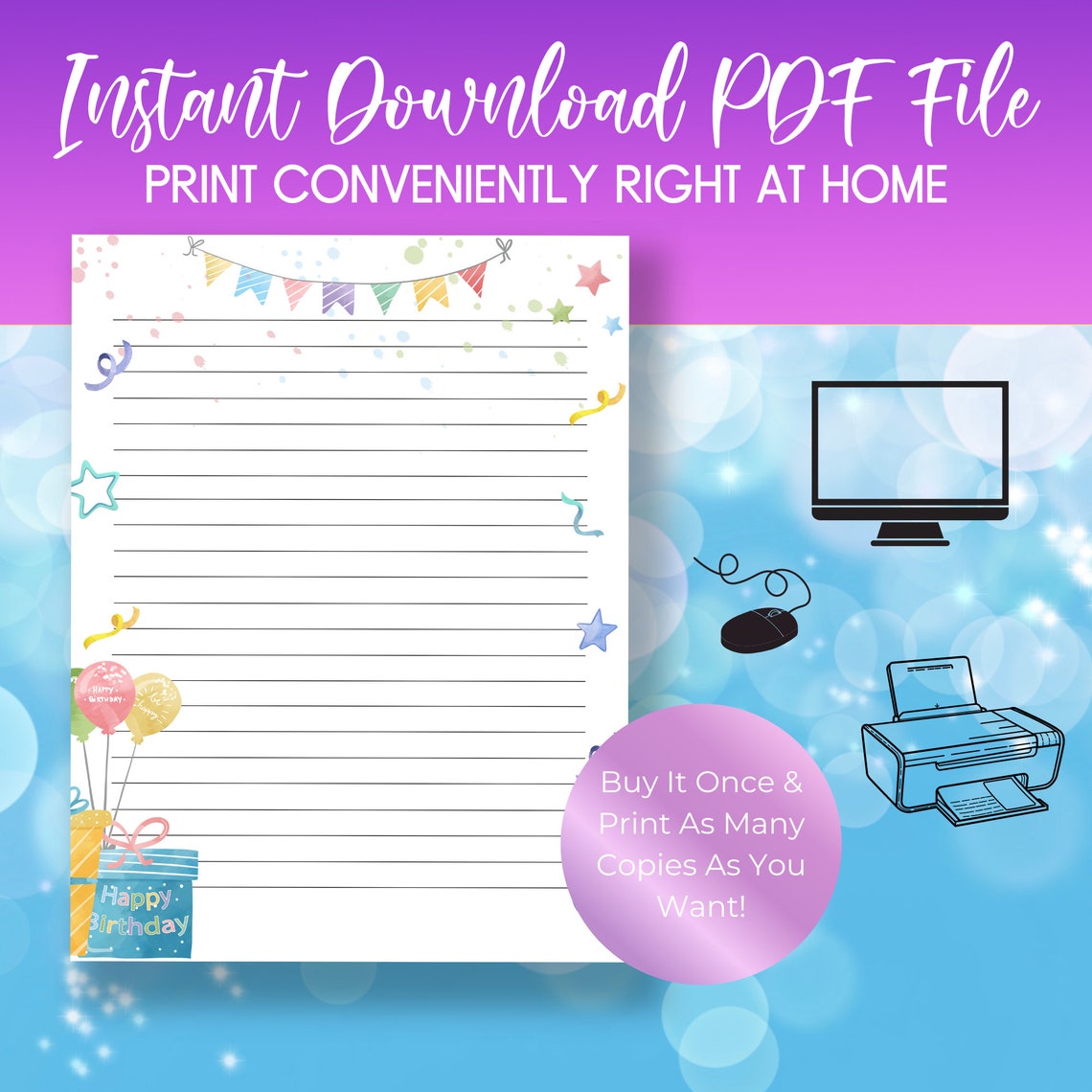 Happy Birthday Stationary Printable Stationery Birthday Paper for Him ...