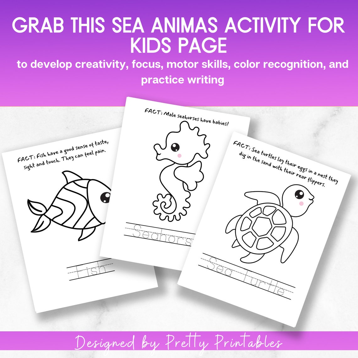 Sea Animals Tracing and Coloring Activity Pages for Kids - Etsy