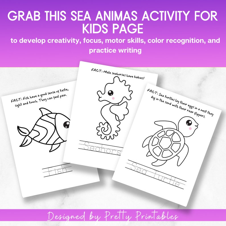 Sea Animals Tracing and Coloring Activity Pages for Kids - Etsy