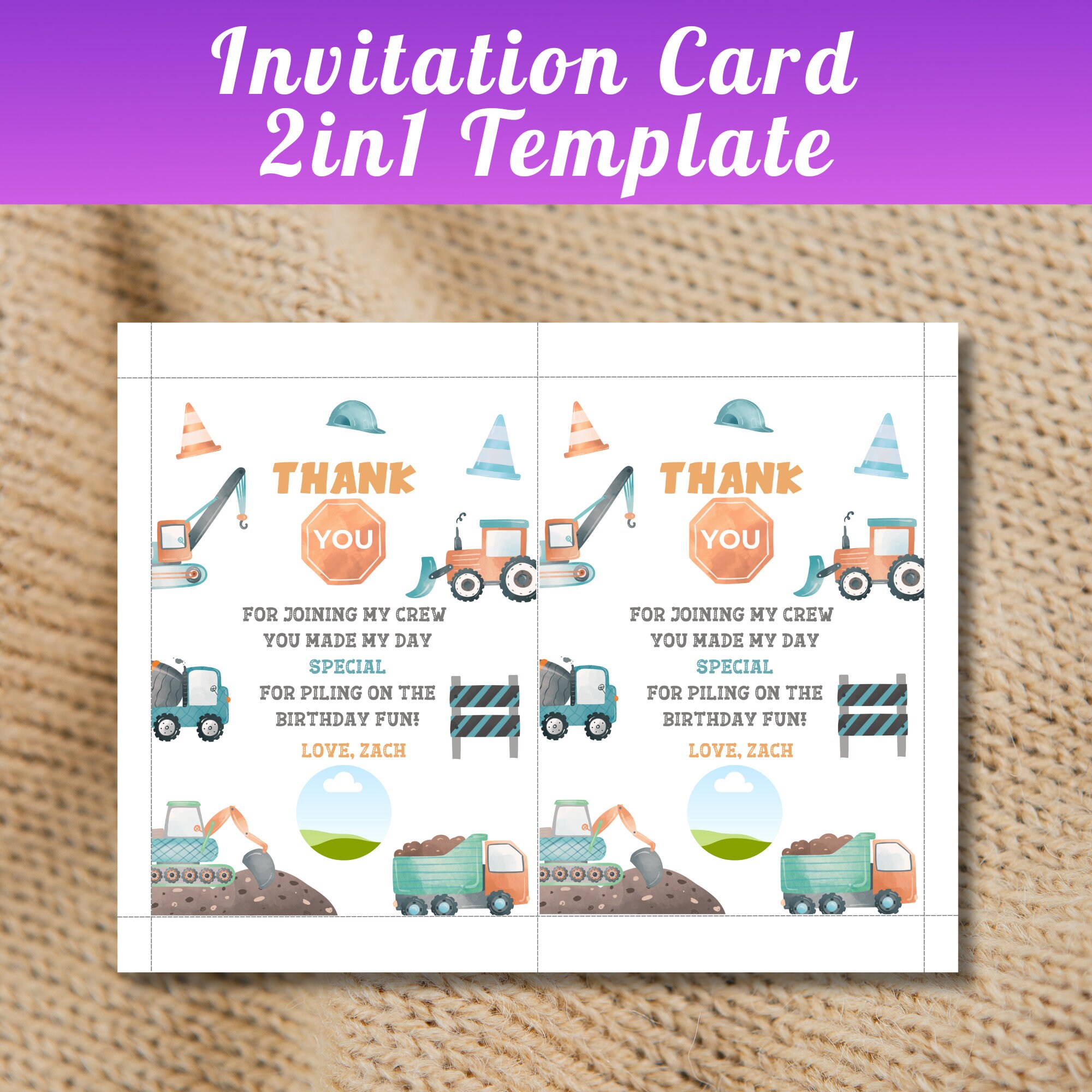 Editable Construction Thank You Card Template Construction - Etsy