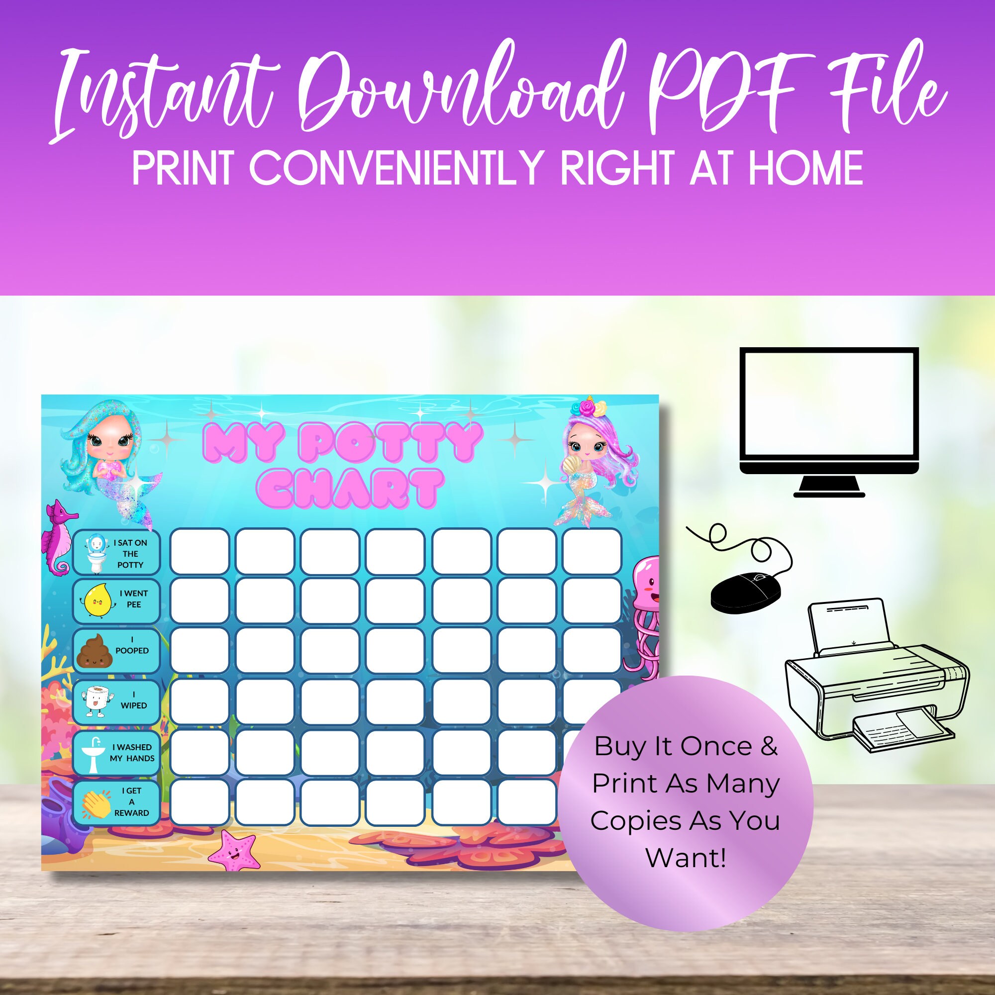 Mermaid Potty Chart for Girls Potty Training Chart Girl Kids Potty ...