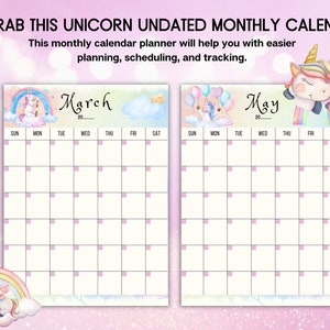 Unicorn Monthly Planner Printable Undated Monthly Calendar Planner ...