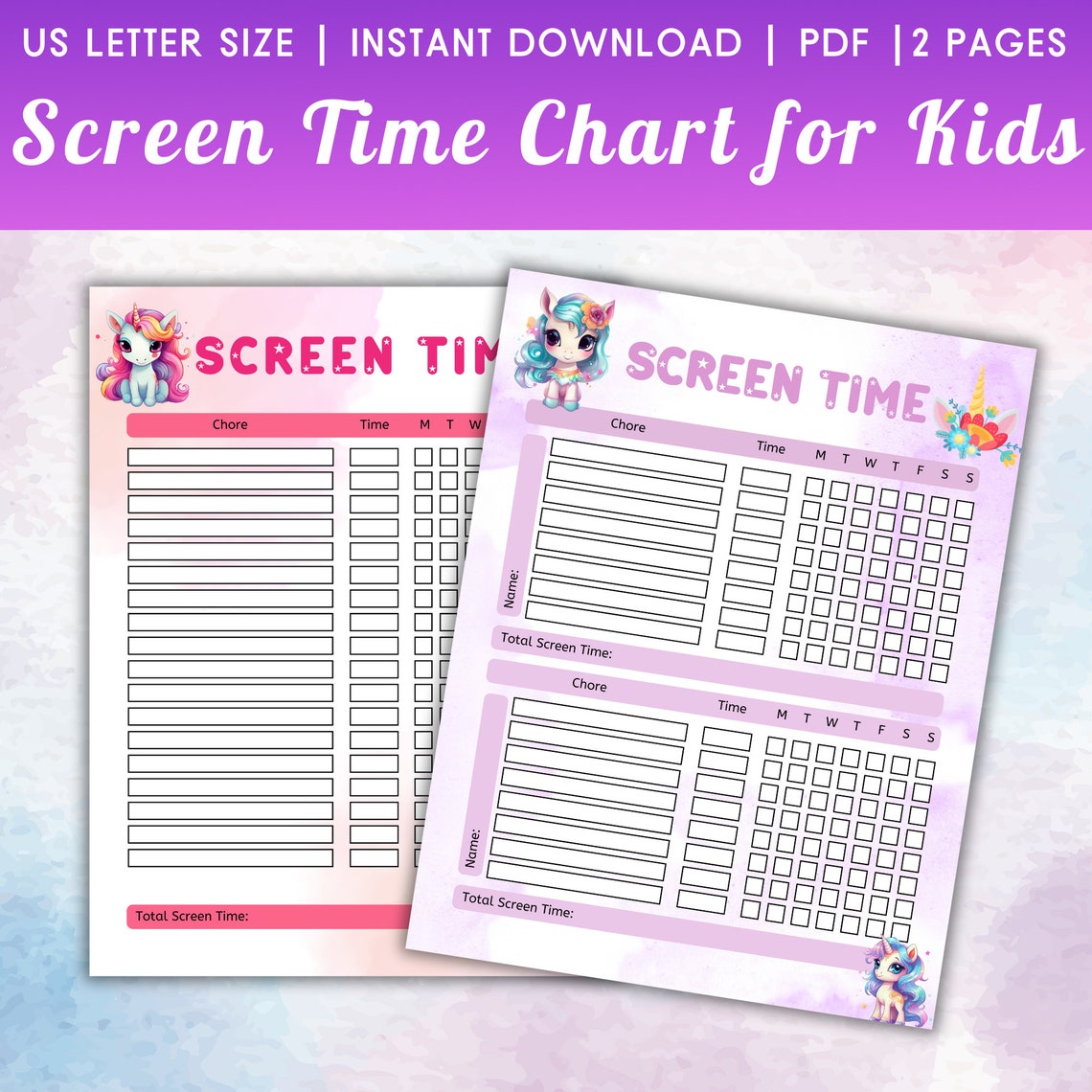 Unicorn Screen Time Chore Chart for Kids Printable Screen Time - Etsy