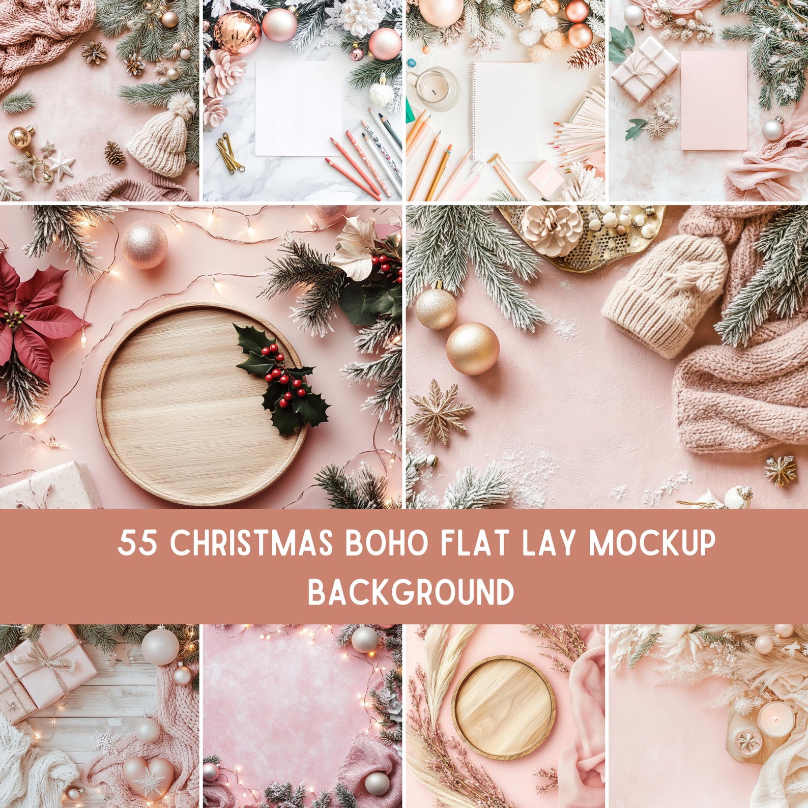 Christmas Pink Boho Flat Lay Mockup Background Digital Product Instant ...