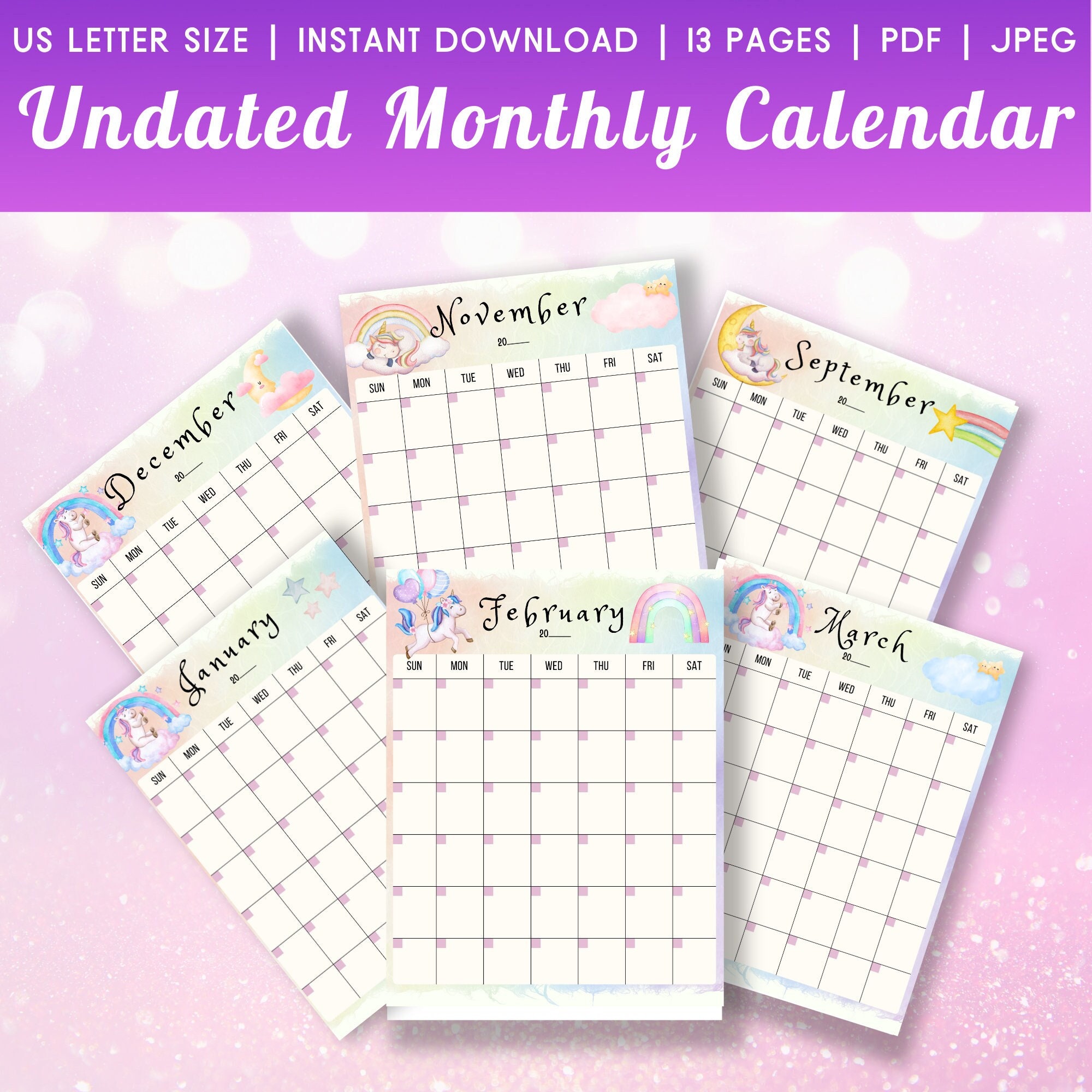 Unicorn Monthly Planner Printable Undated Monthly Calendar - Etsy
