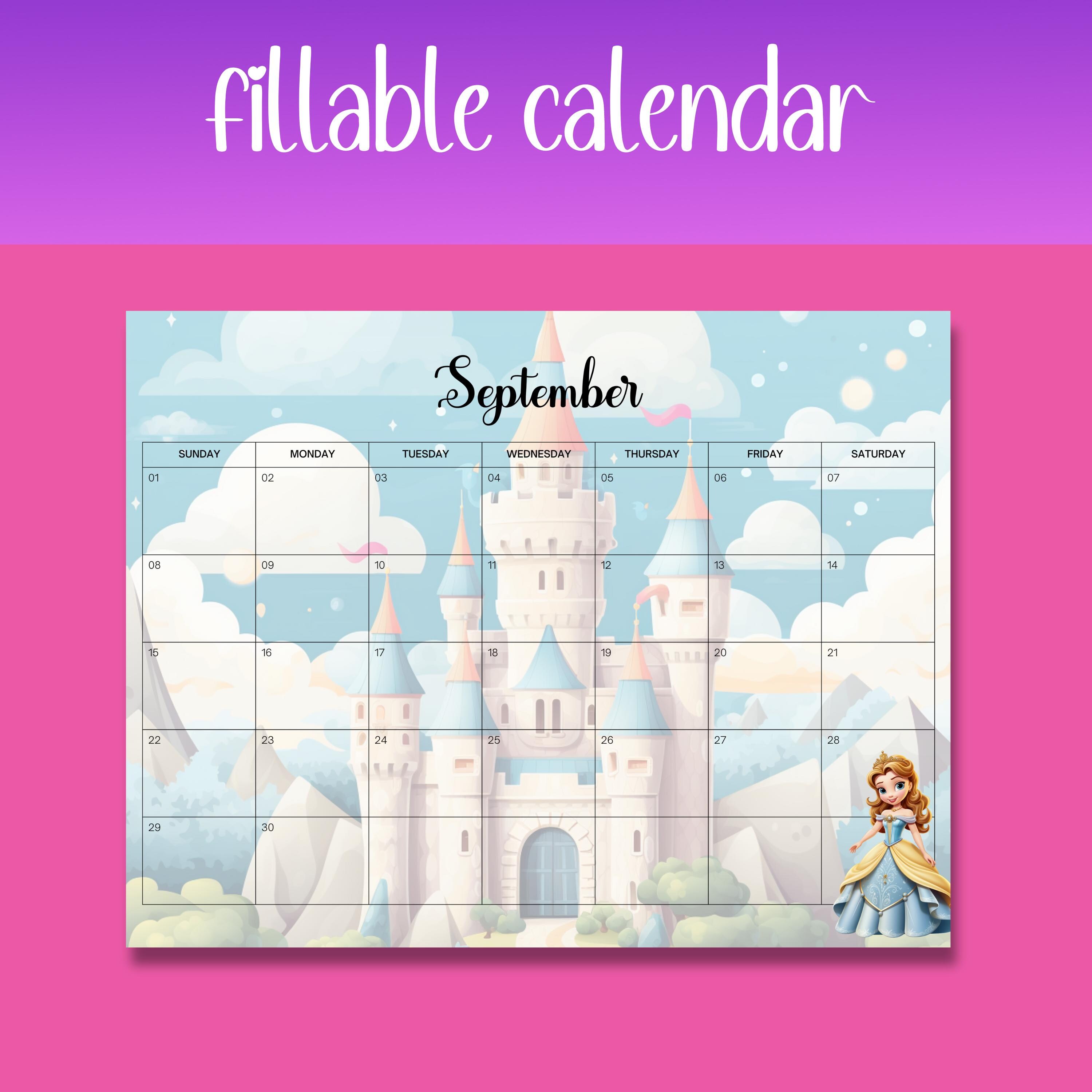 Calendario de princesas imprimible 2024 2025, planificador mensual para ...