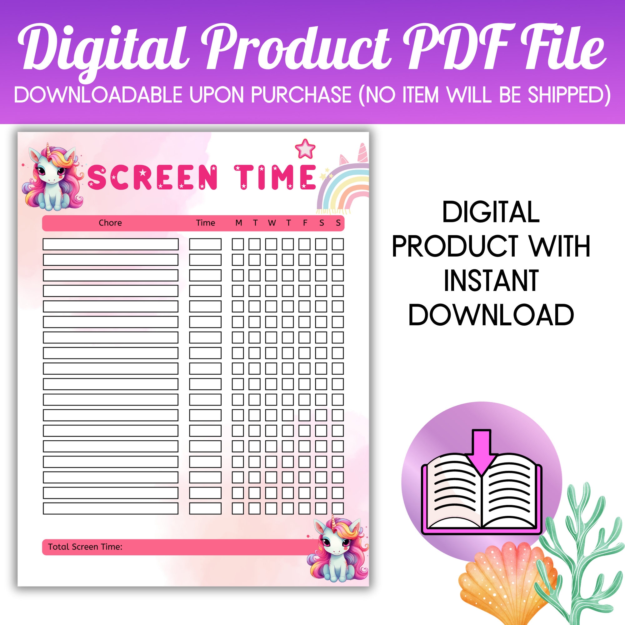 Unicorn Screen Time Chore Chart for Kids Printable Screen Time Tracker ...
