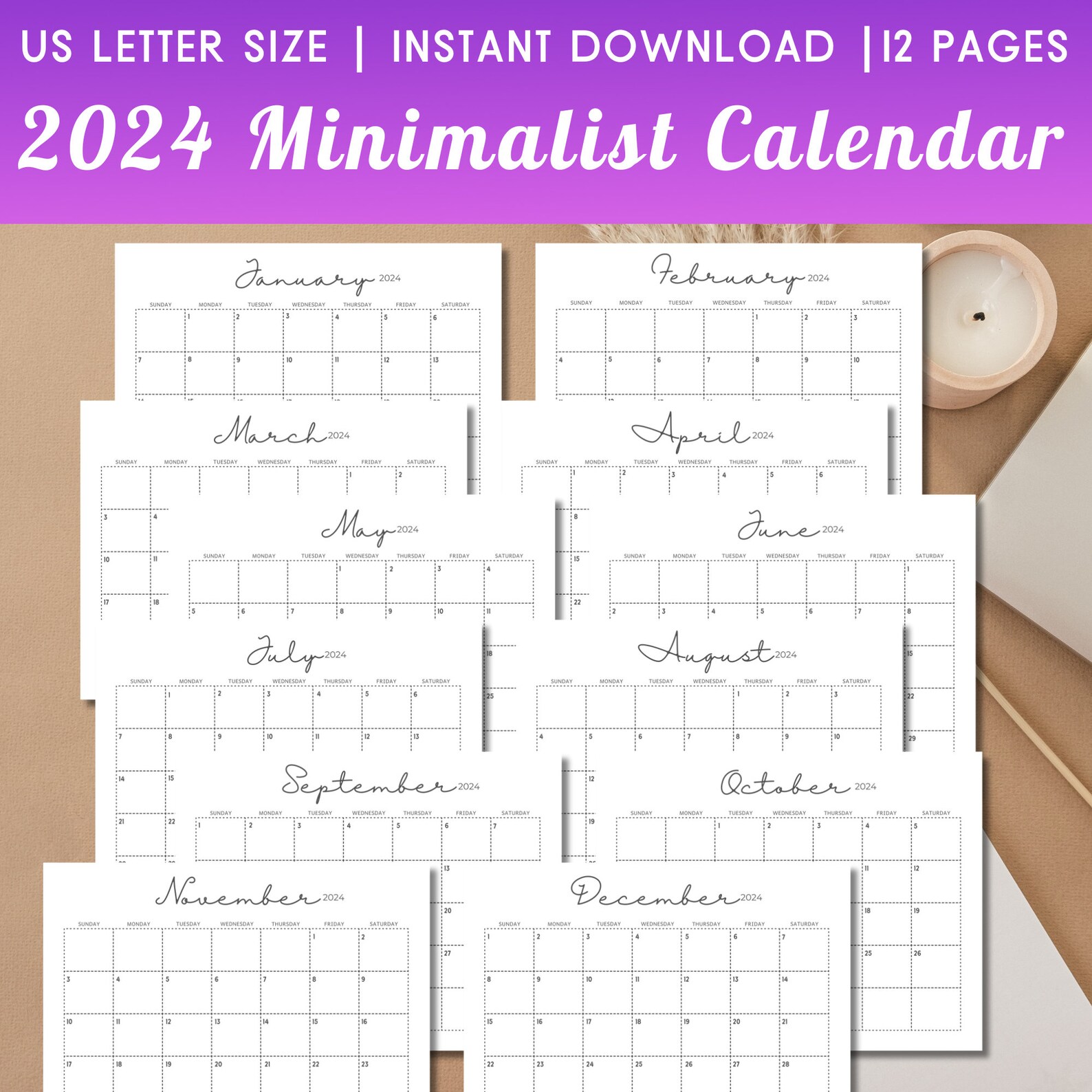 2024 Calendar 2024 Minimalist Calendar Printable Landscape Sunday Start ...
