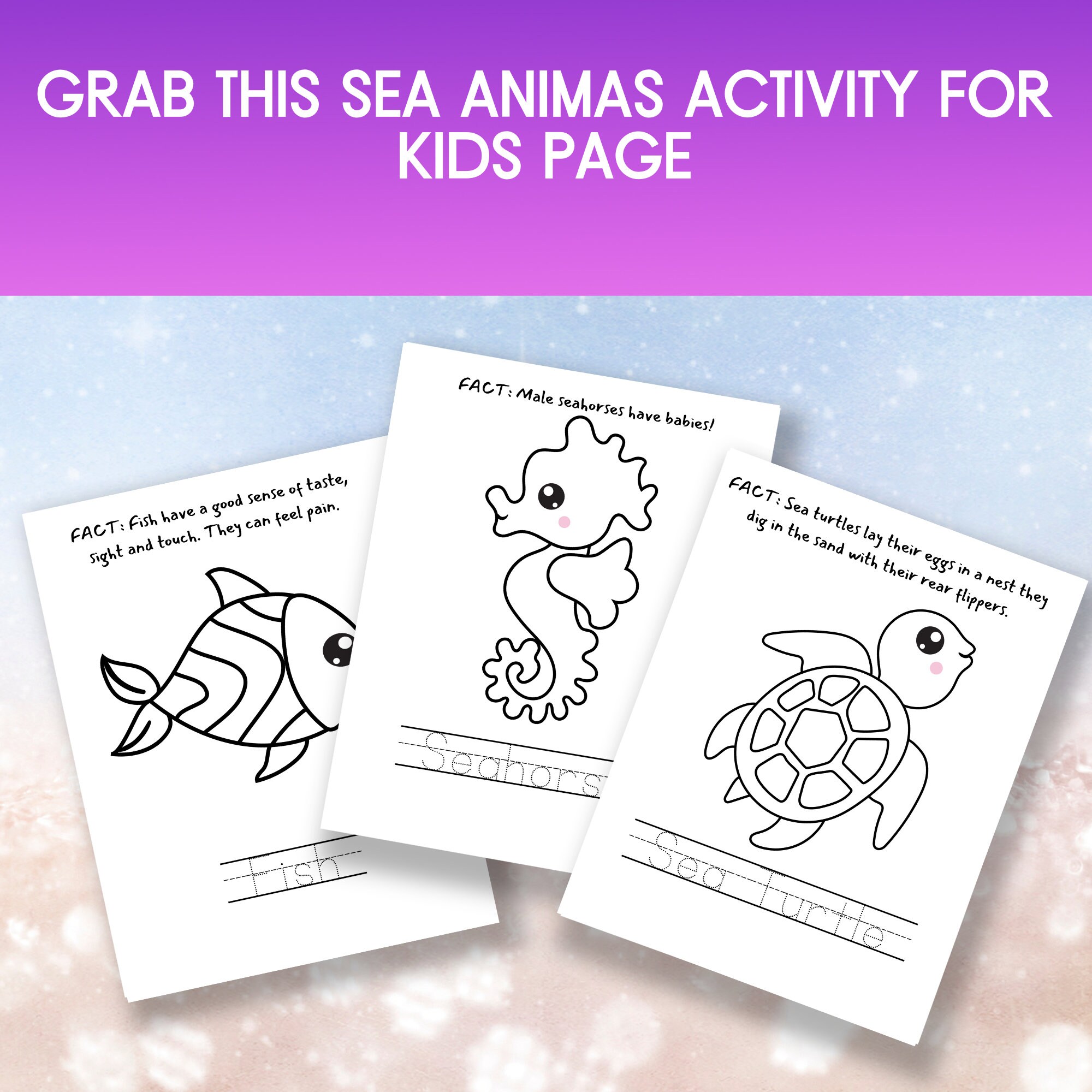 Sea Animals Tracing and Coloring Activity Pages for Kids Printable ...