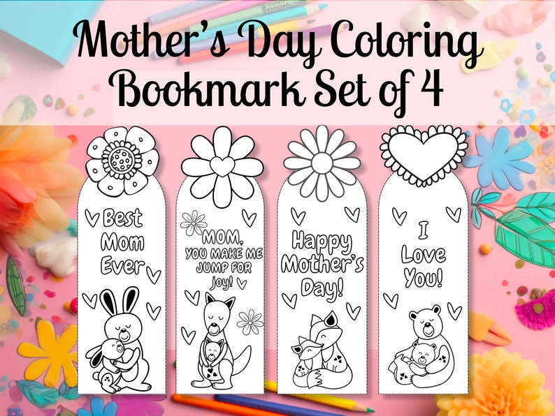 Printable Mothers Day Coloring Bookmark Set 4 Flower Toppers Mom ...