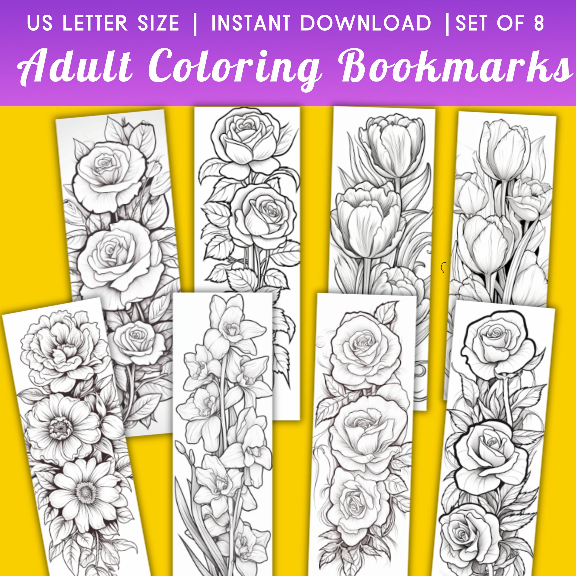 Printable Floral Coloring Bookmark Set of 8 Flower Coloring - Etsy
