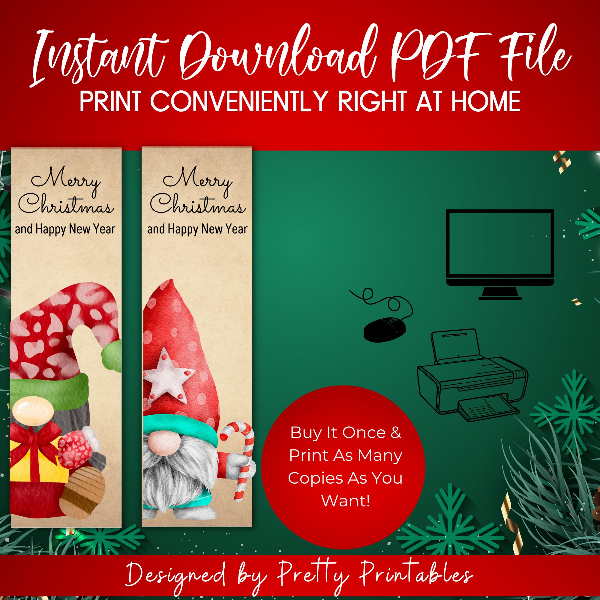 Gnomes Bookmarks Printable Set of 4 Christmas Gnome Christmas Bookmarks ...