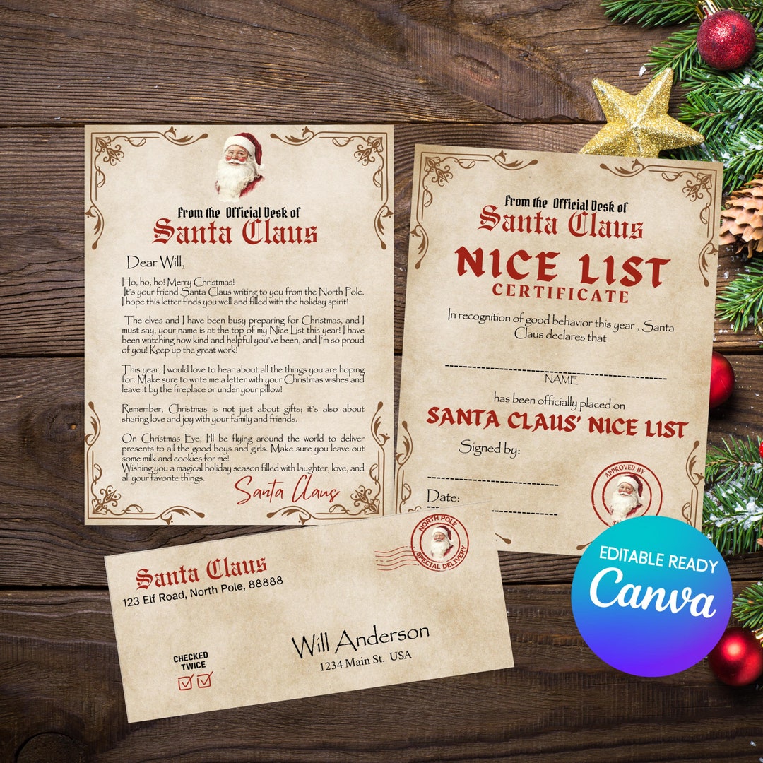 Editable Letter From Santa Official Desk Nice List Certificate With ...