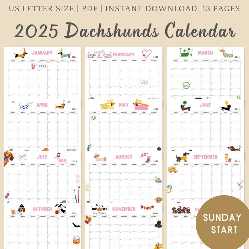 Dog Calendar 2025 Printable Wall Calendar Dachshunds Wiener Dog Long ...