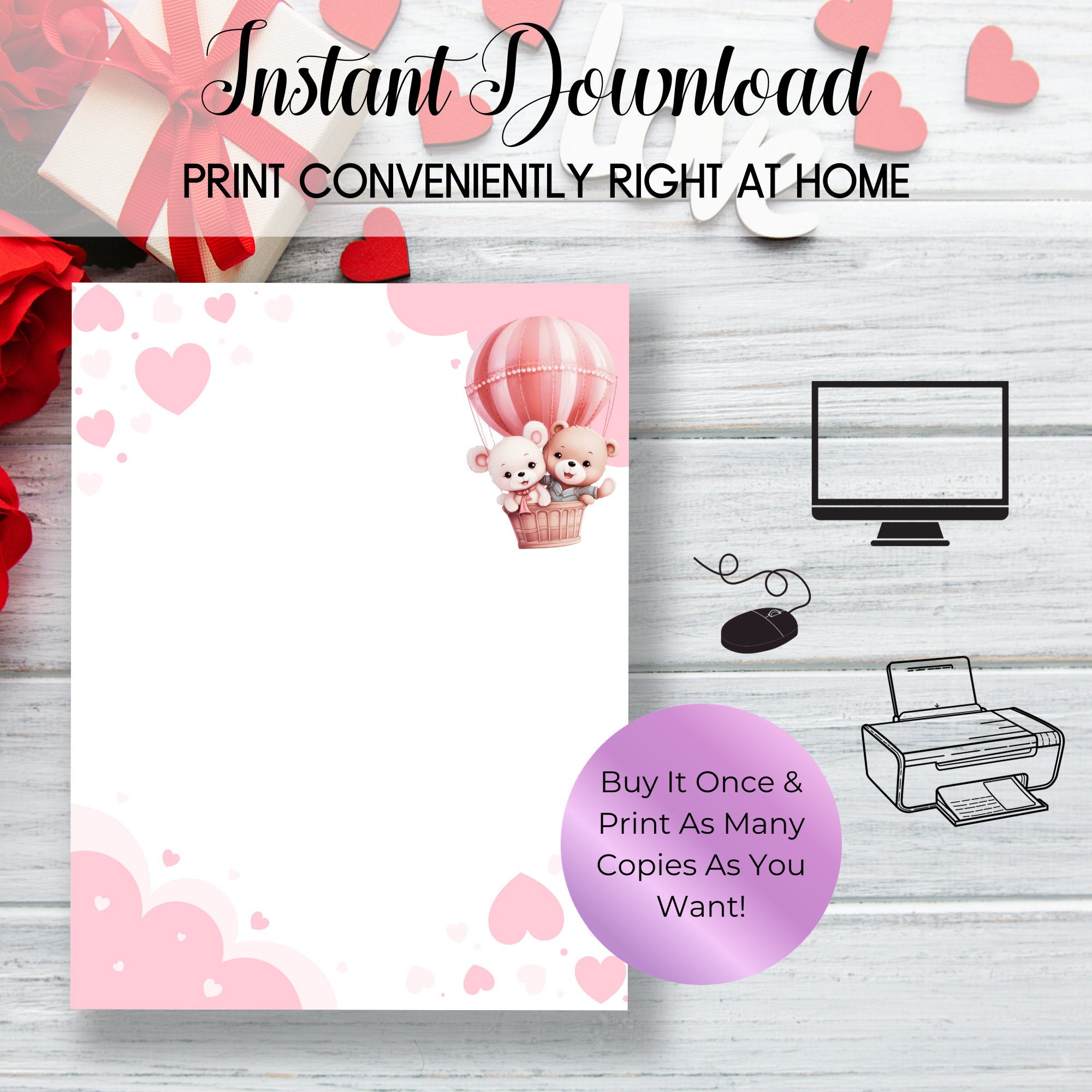 Printable Valentines Stationary Set Balloon Stationary Teddy Bear ...