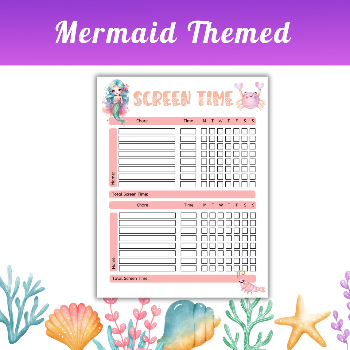 Mermaid Screen Time Chore Chart for Kids Printable Screen Time Tracker ...
