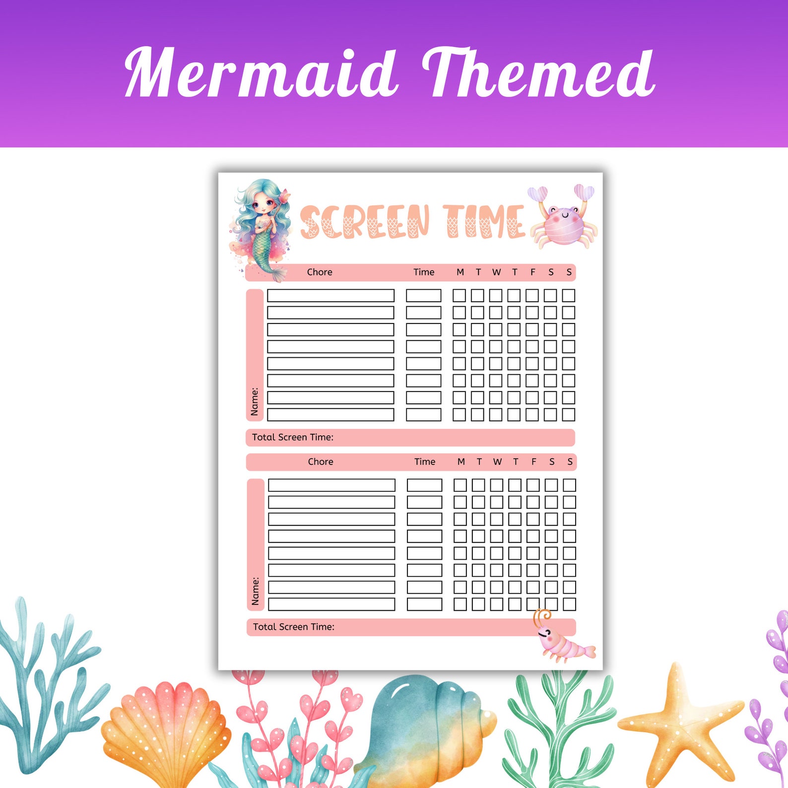 Mermaid Screen Time Chore Chart for Kids Printable Screen Time Tracker ...