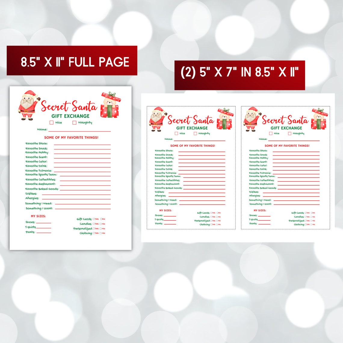 Secret Santa Questionnaire Printable Secret Santa - Etsy