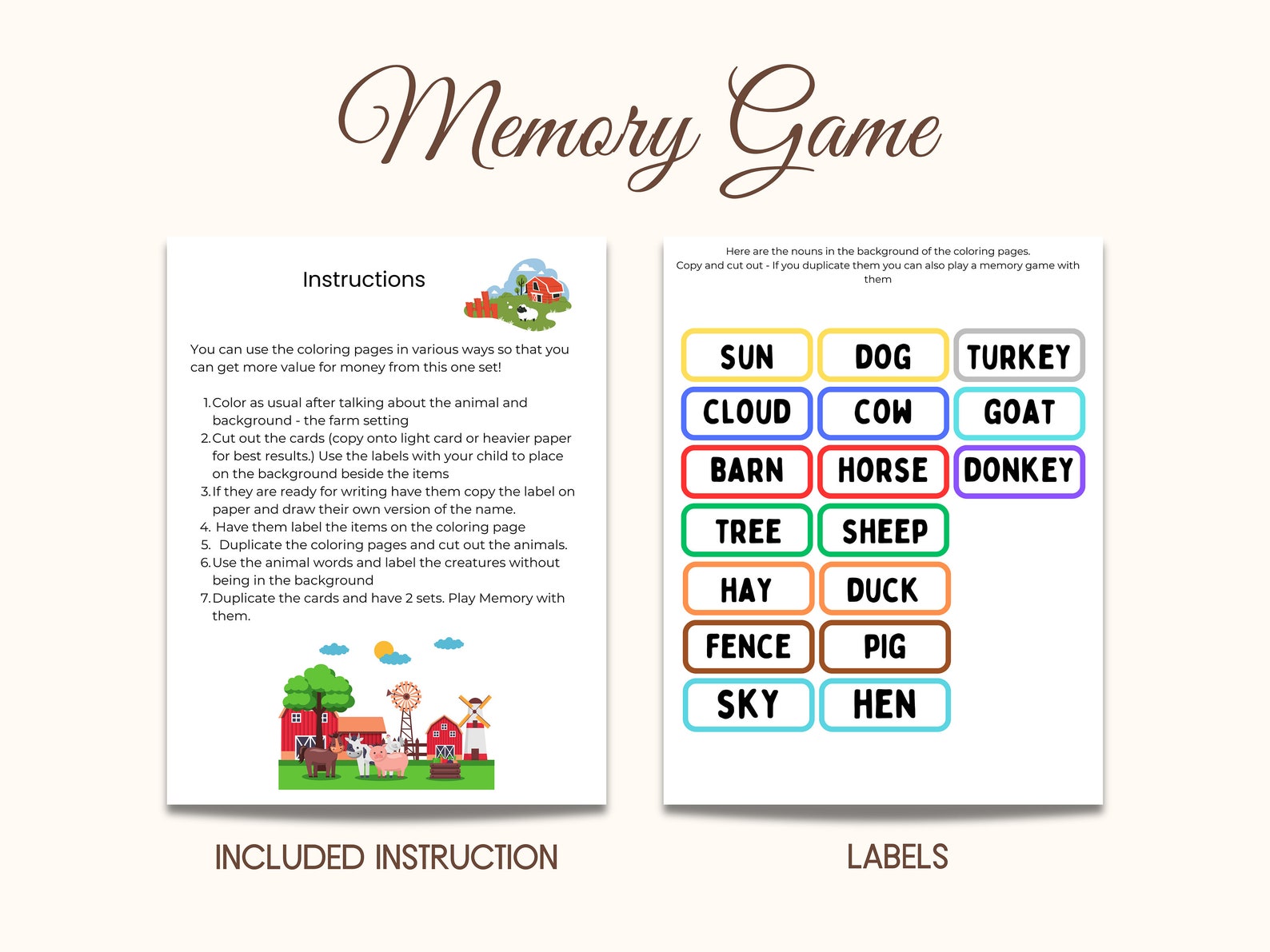 Farm Animals Farm Scene Coloring Set Educational Learning Printable ...