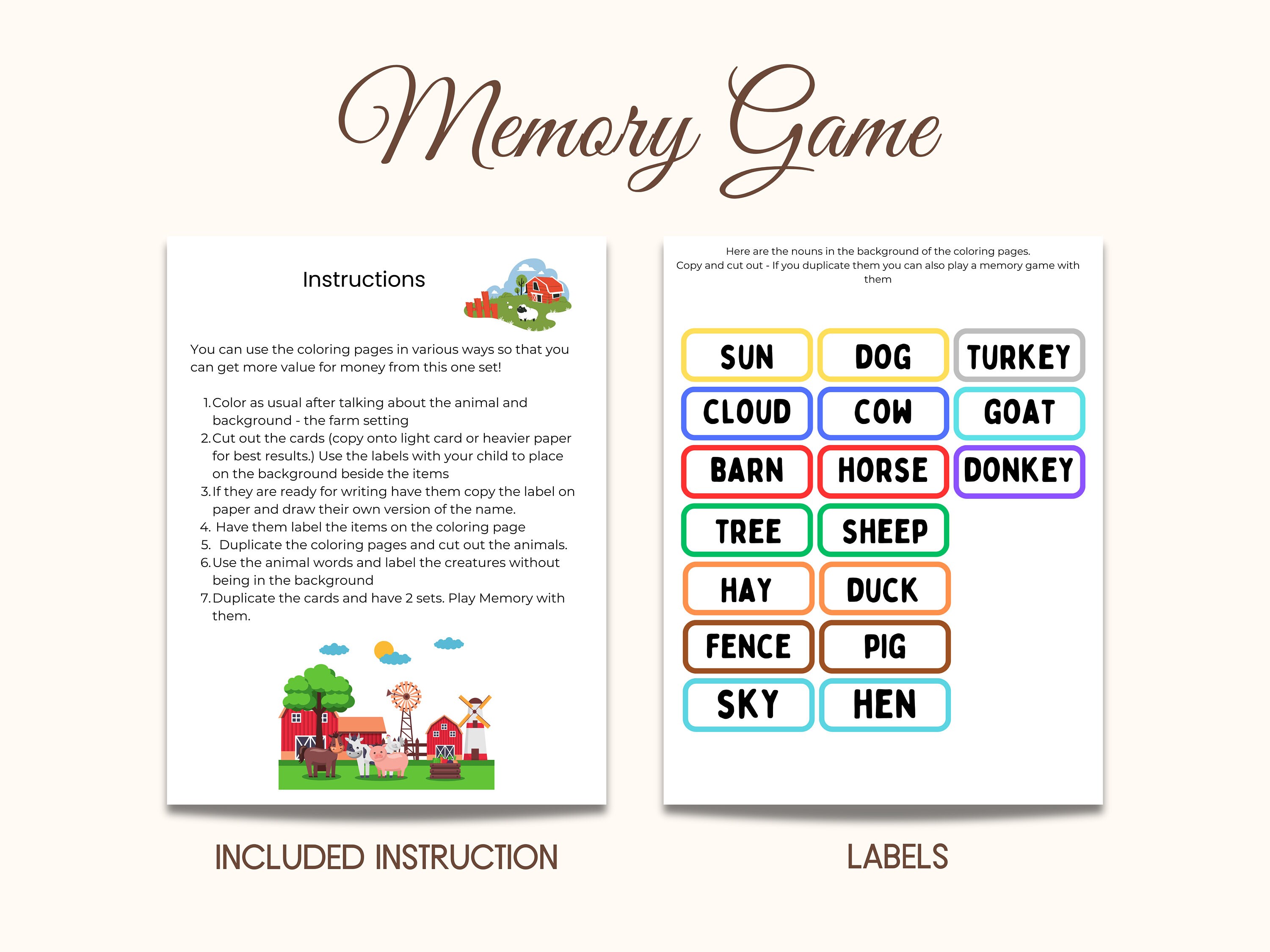 Farm Animals Farm Scene Coloring Set Educational Learning Printable ...