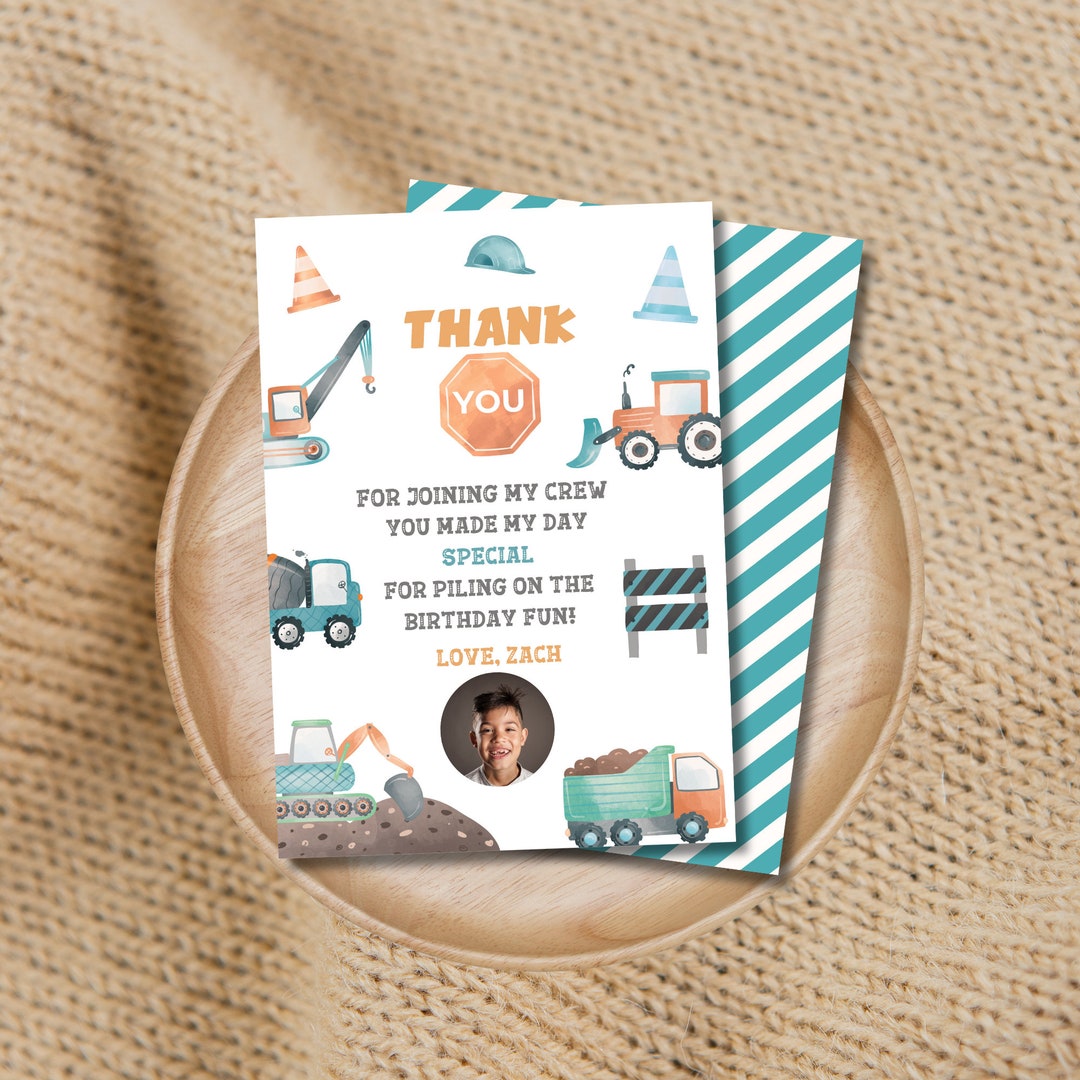 Editable Construction Thank You Card Template Construction Birthday ...