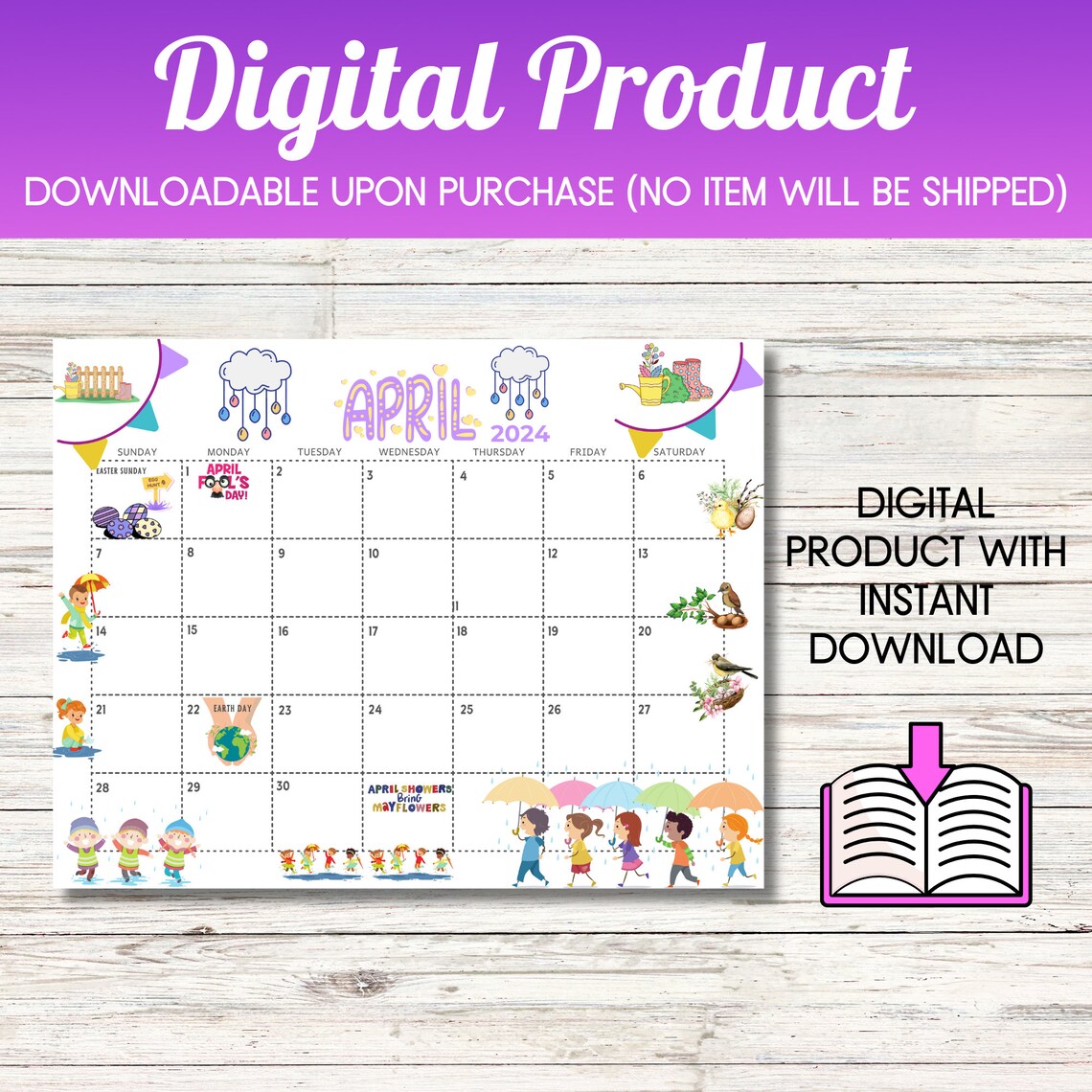 April 2024 Calendar Printable Kids Calendar 2024 Calendar Classroom ...