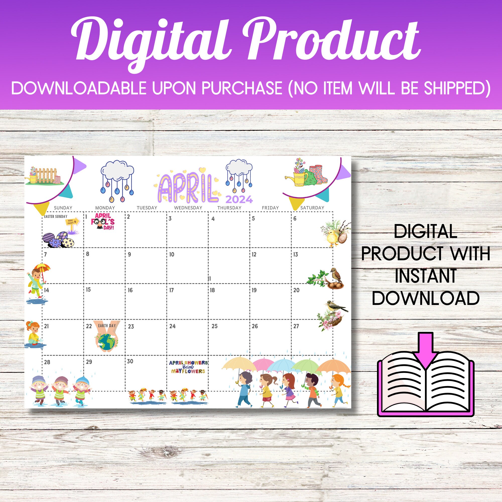 April 2024 Calendar Printable Kids Calendar 2024 Calendar Classroom ...