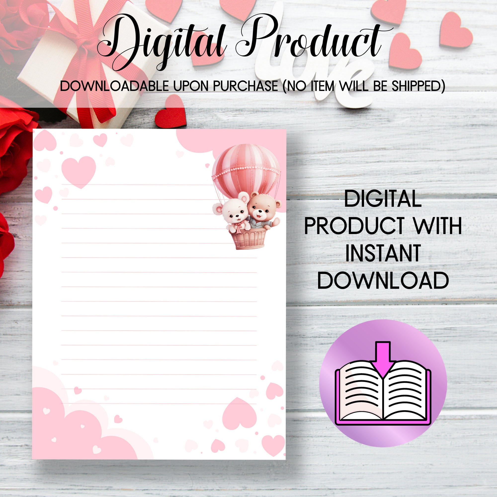 Printable Valentines Stationary Set Balloon Stationary Teddy Bear ...