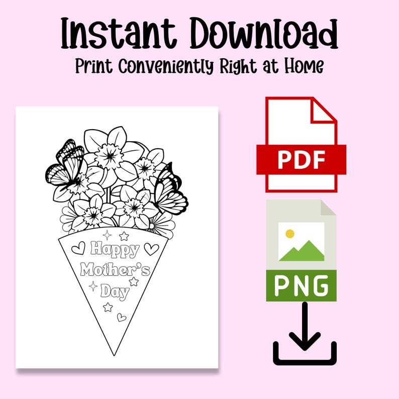 Mothers Day Printable Cut and Color Flowers Bouquet, Coloring Card Gift ...