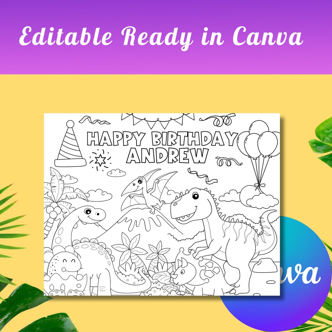 Editable Dinosaur Birthday Coloring Page Dinosaur Coloring Placemat ...
