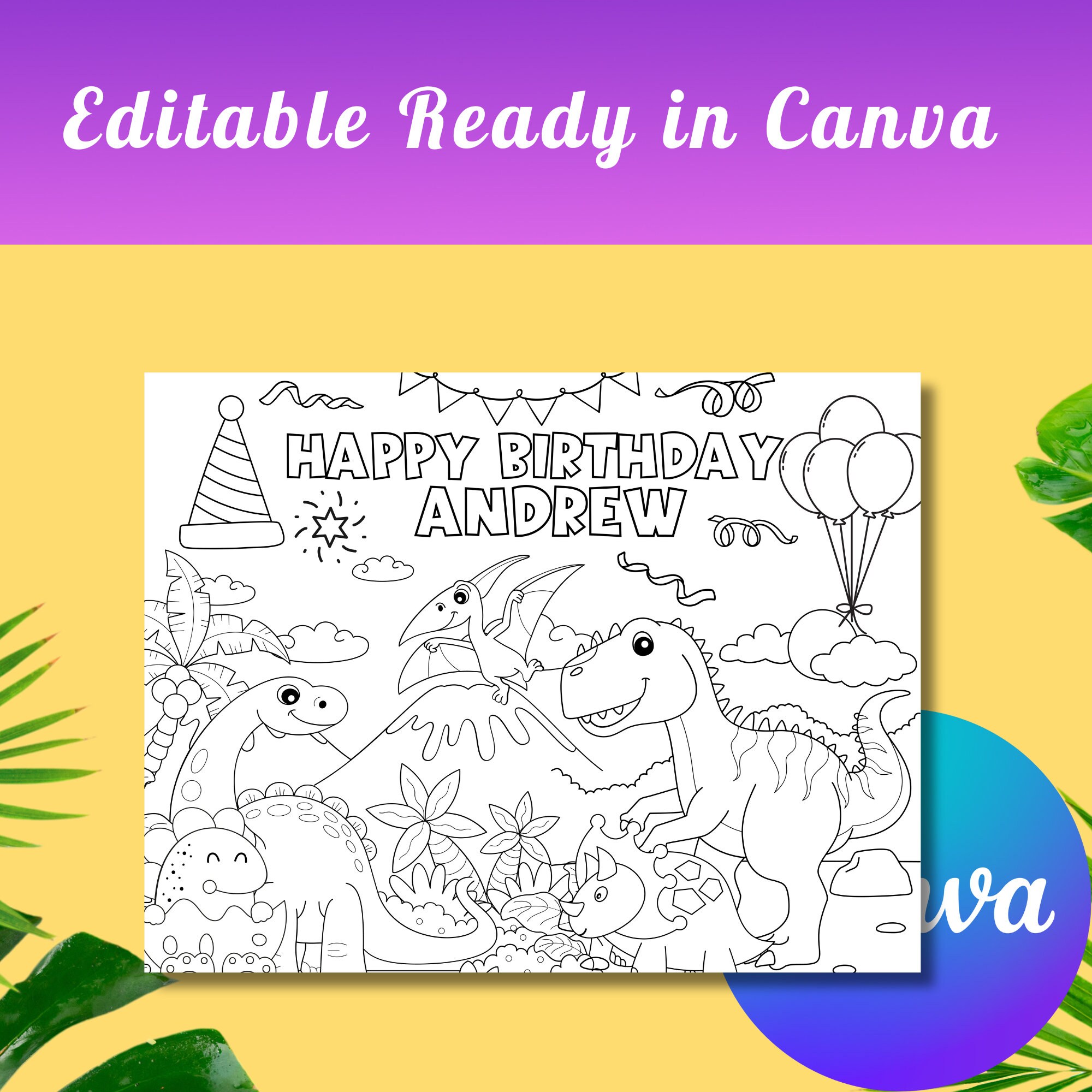 Editable Dinosaur Birthday Coloring Page Dinosaur Coloring Placemat ...