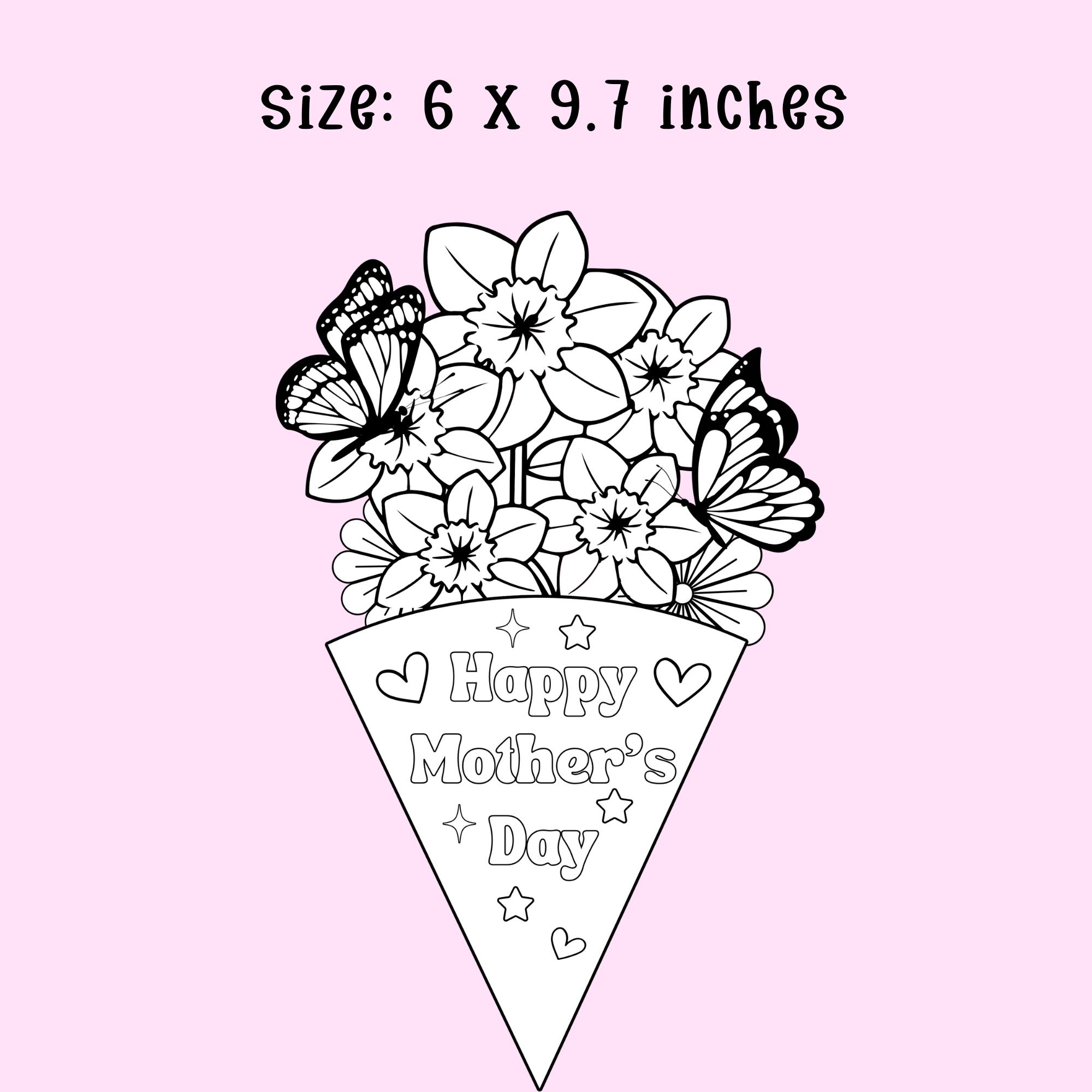 Mothers Day Printable Cut and Color Flowers Bouquet, Coloring Card Gift ...