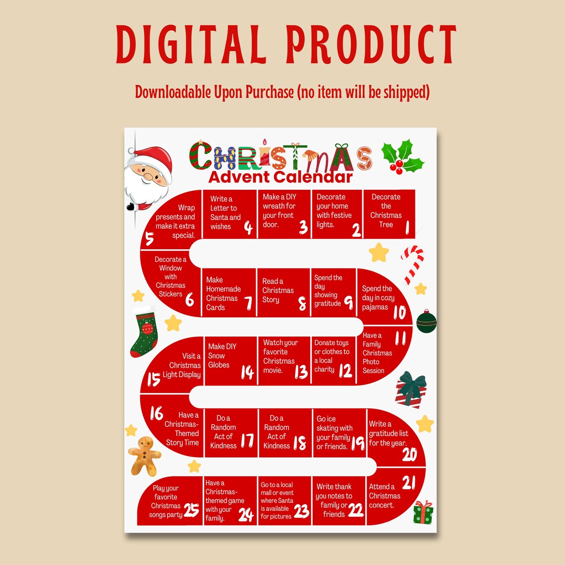 Simple Family Advent Calendar Editable Activities Christmas Countdown ...