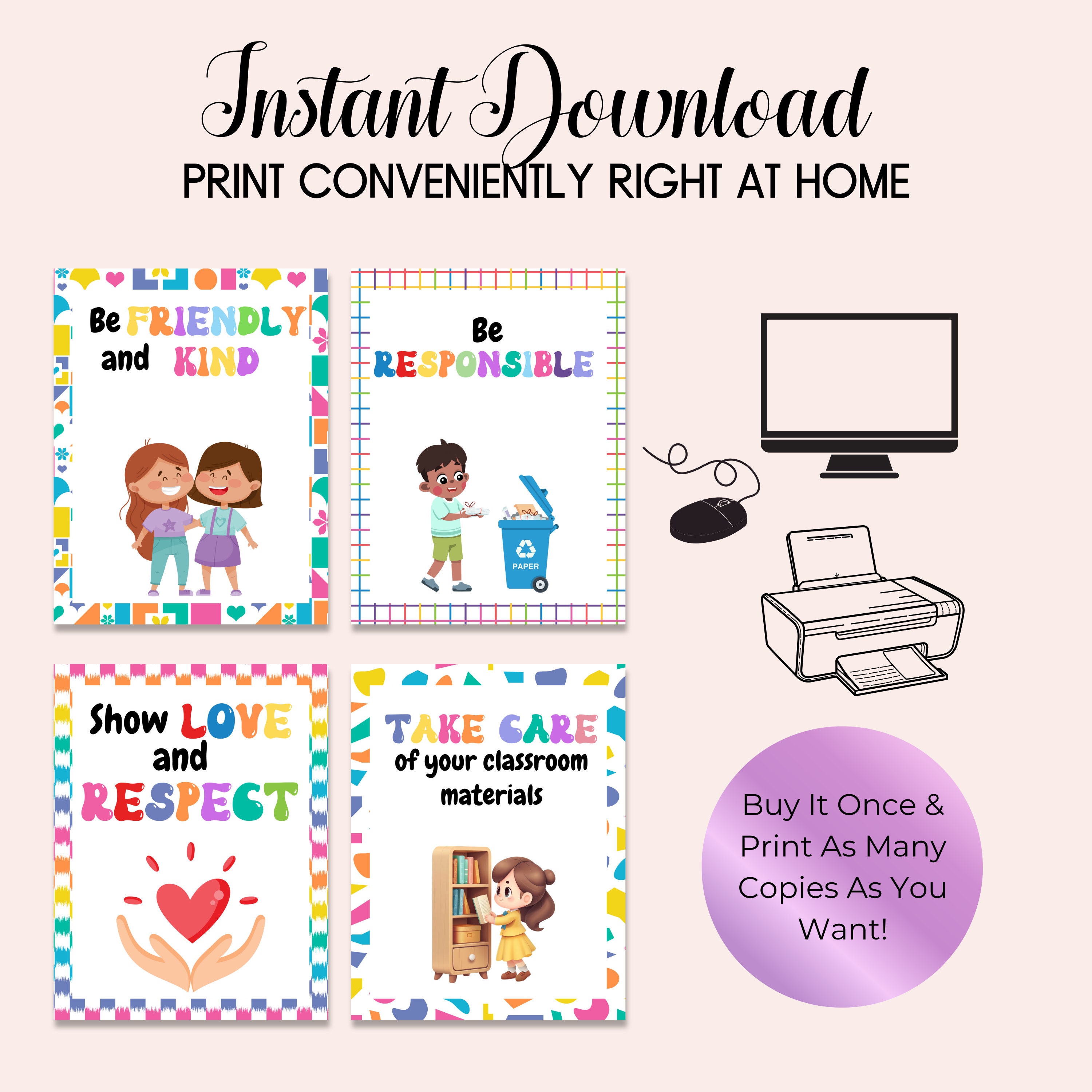 Classroom Rules Poster Set of 12 Class Expectations Elementary ...