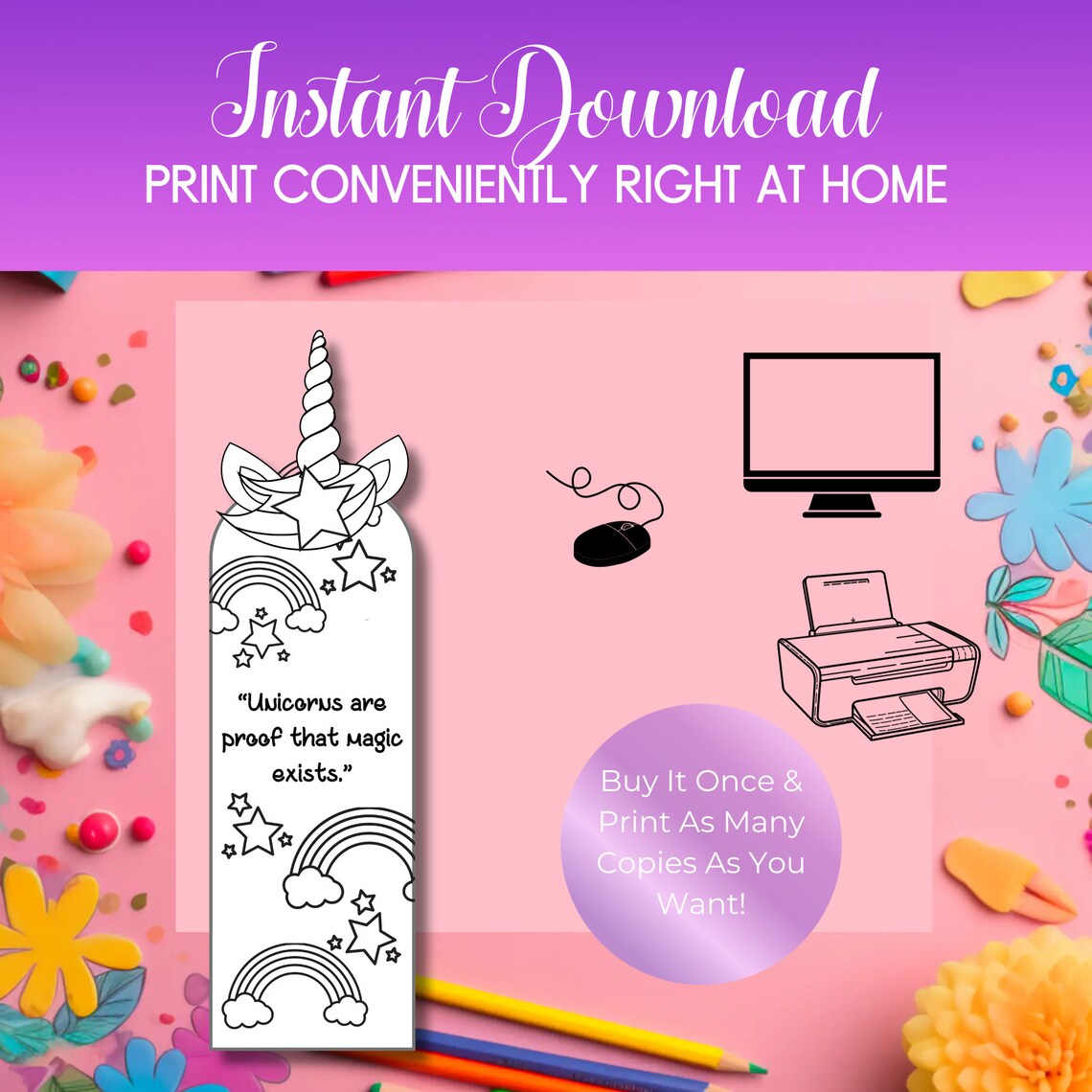 Unicorn Bookmarks Coloring Page Printable for Birthday Favors Unicorn ...