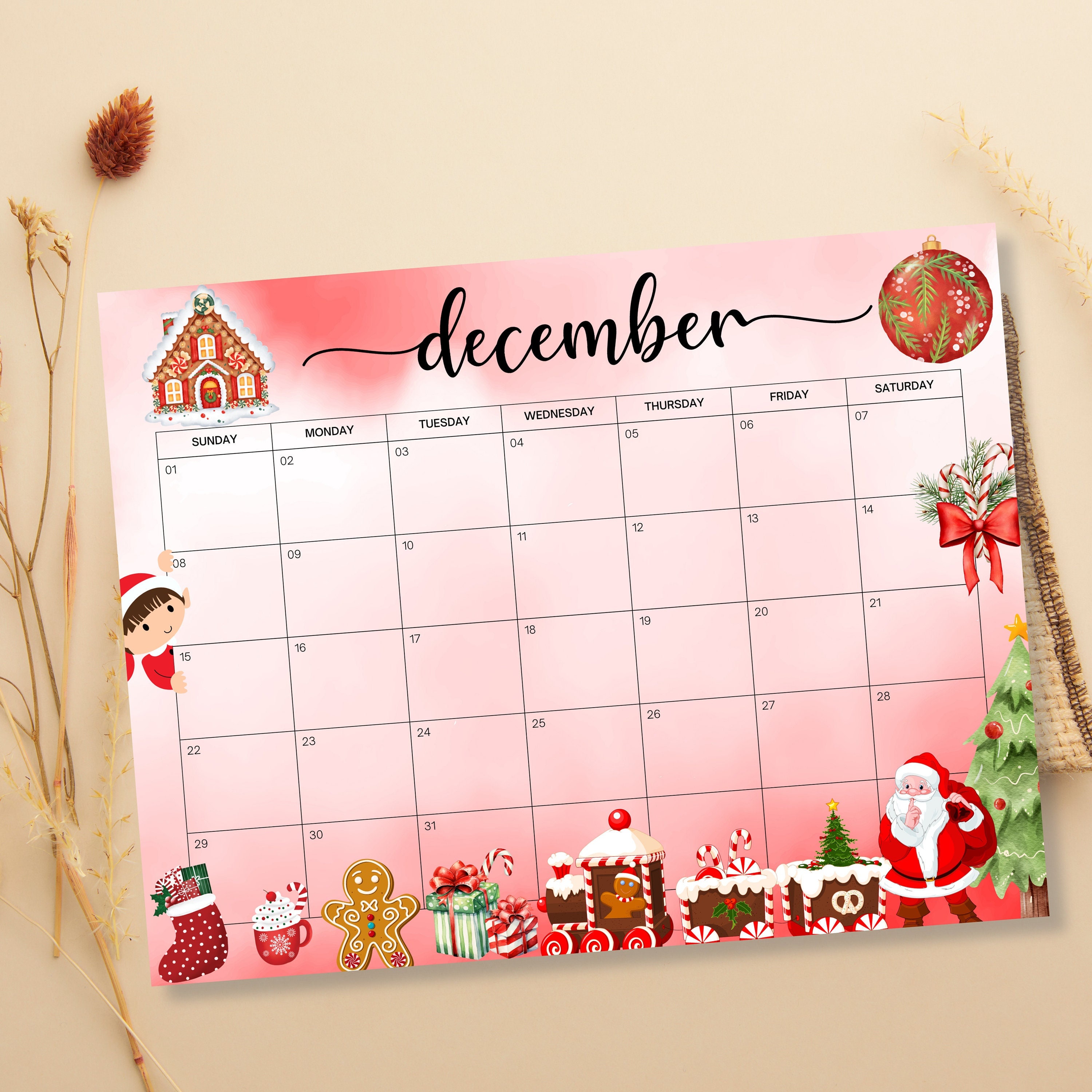 Printable Kids Calendar 2024 Santa Traditional Theme Wall Calendar ...
