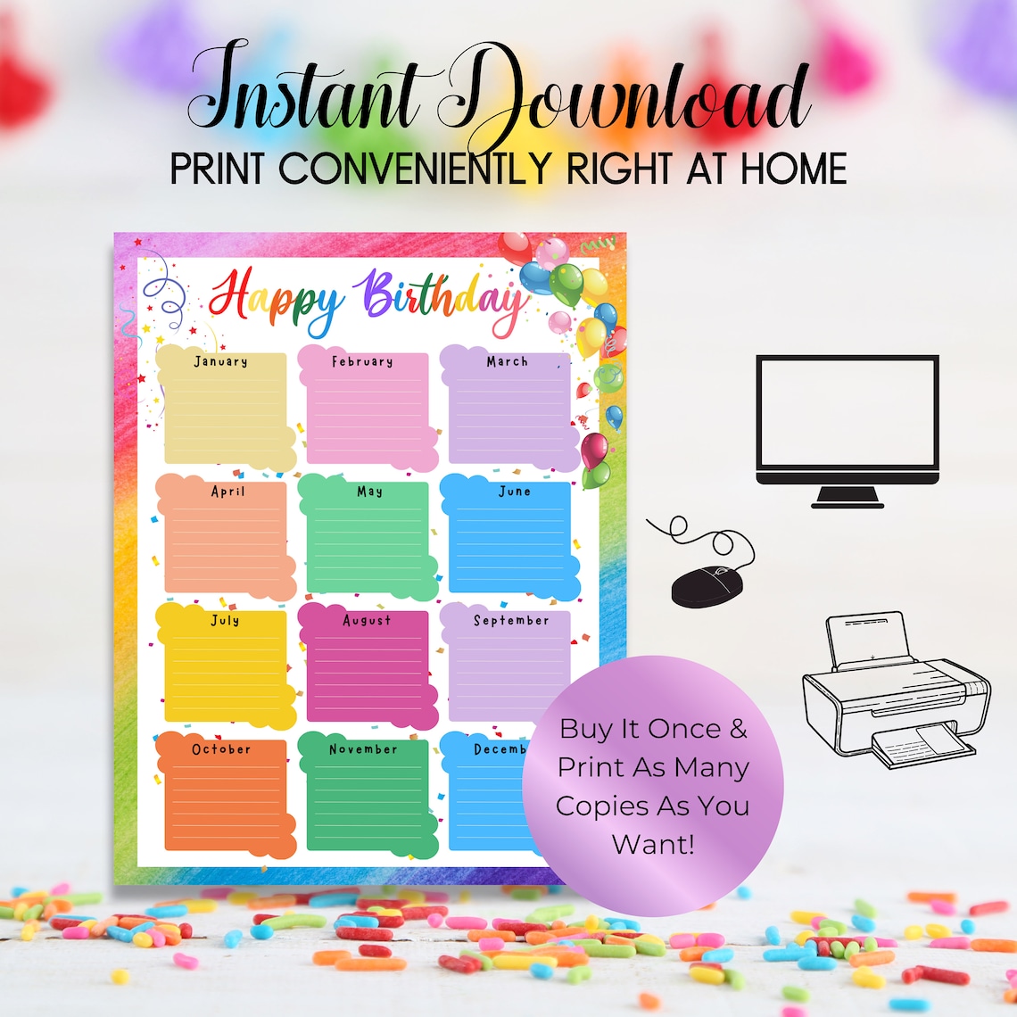 Birthday Bulletin Board Printable Rainbow Colors Class Birthday Display ...