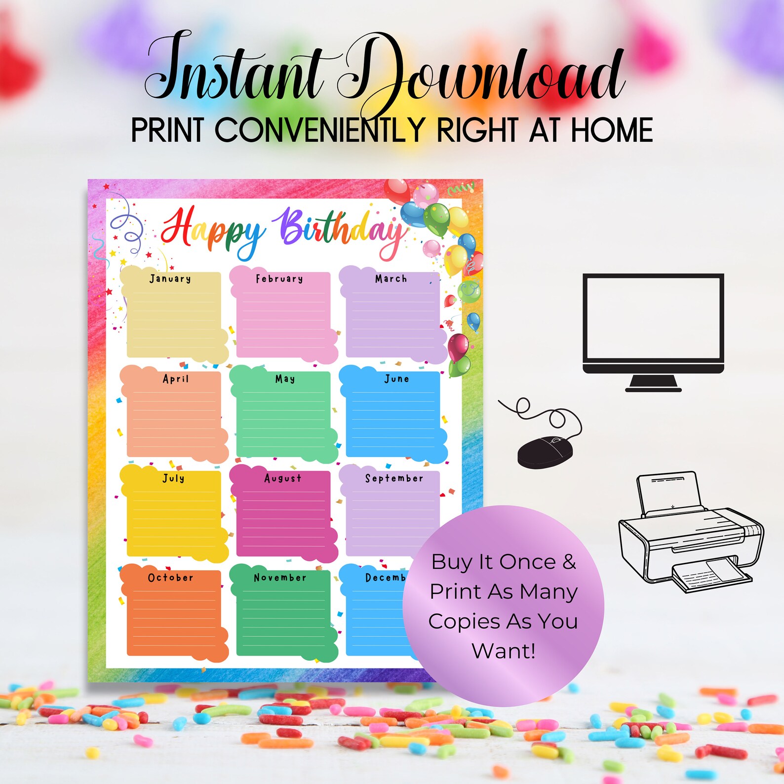 Birthday Bulletin Board Printable Rainbow Colors Class Birthday Display ...