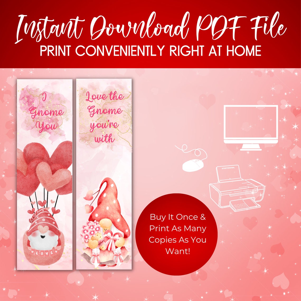 Valentine Gnome Bookmarks Gnome Valentine Day Gnome Bookmark Pink ...