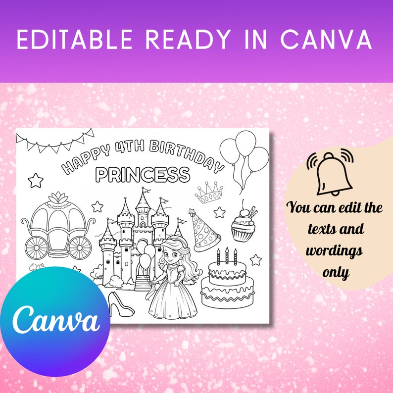 Editable Princess Birthday Coloring Princess Coloring Pages Princess ...