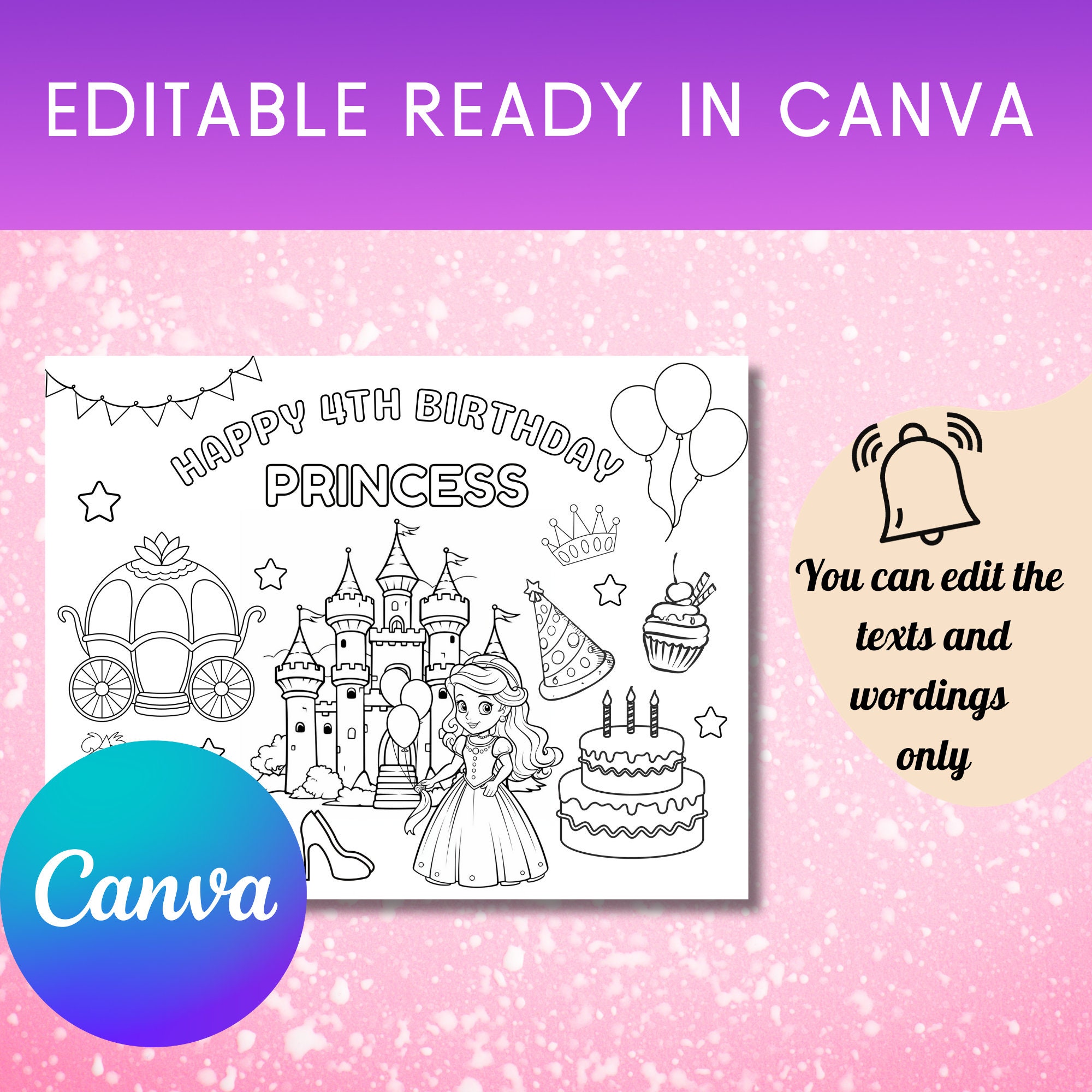 Editable Princess Birthday Coloring Princess Coloring Pages Princess ...