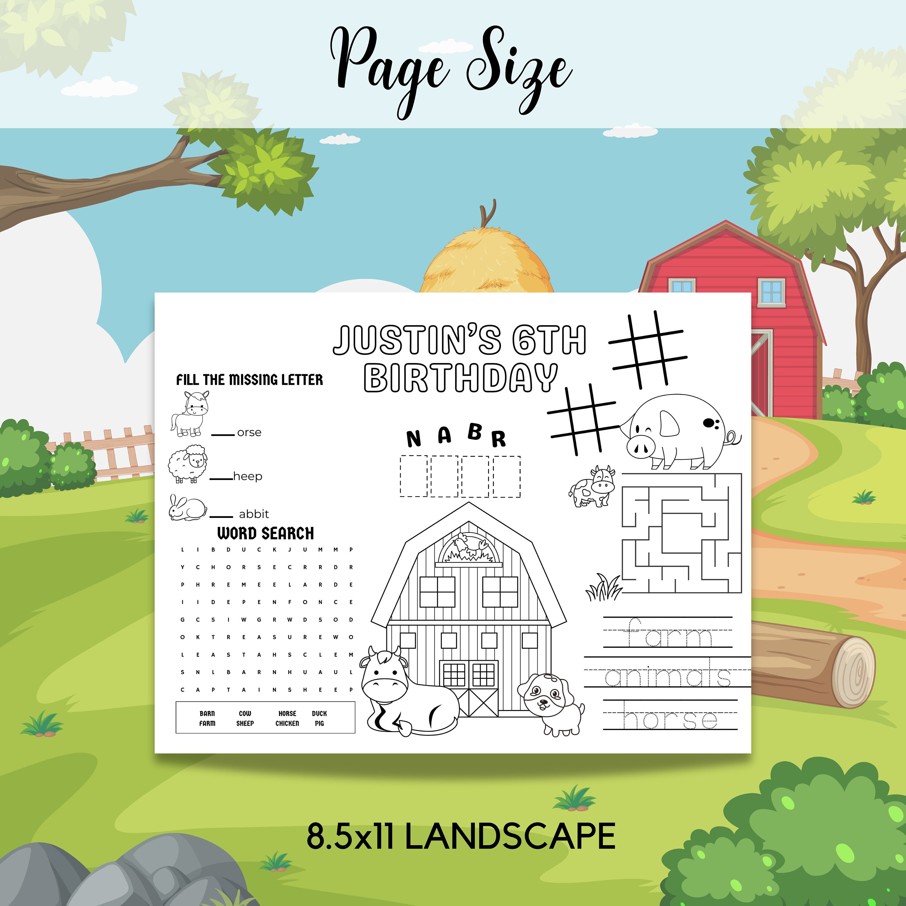 Editable Farm Birthday Coloring Sheet Placemat Coloring Page Farm ...