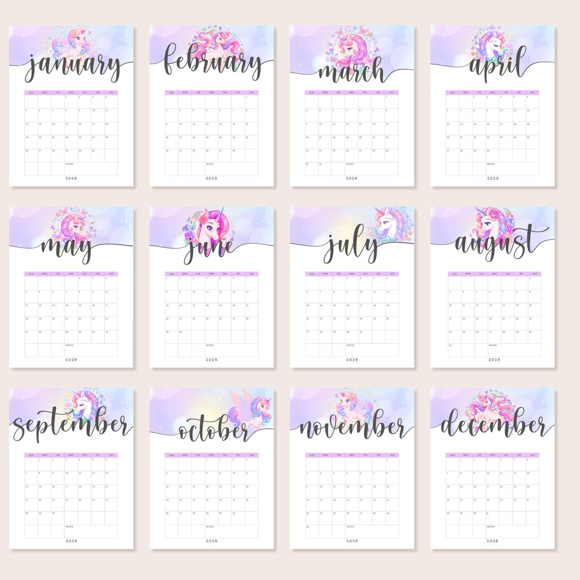 2025 Unicorn Calendar Printable Unicorn Clipart 2024 Calendar PDF 2024 ...