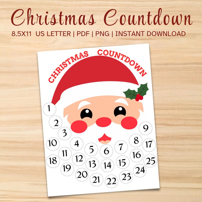 Christmas Countdown Printable for Kids Santa Beard Holiday Countdown ...
