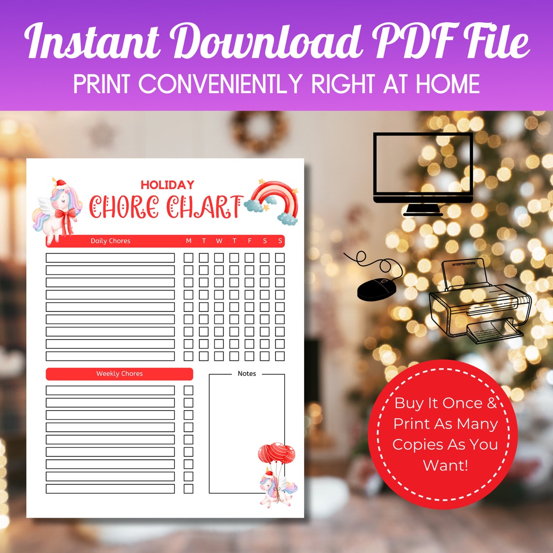 Christmas Unicorn Chore Chart for Kids Checklist Routine Chart - Etsy